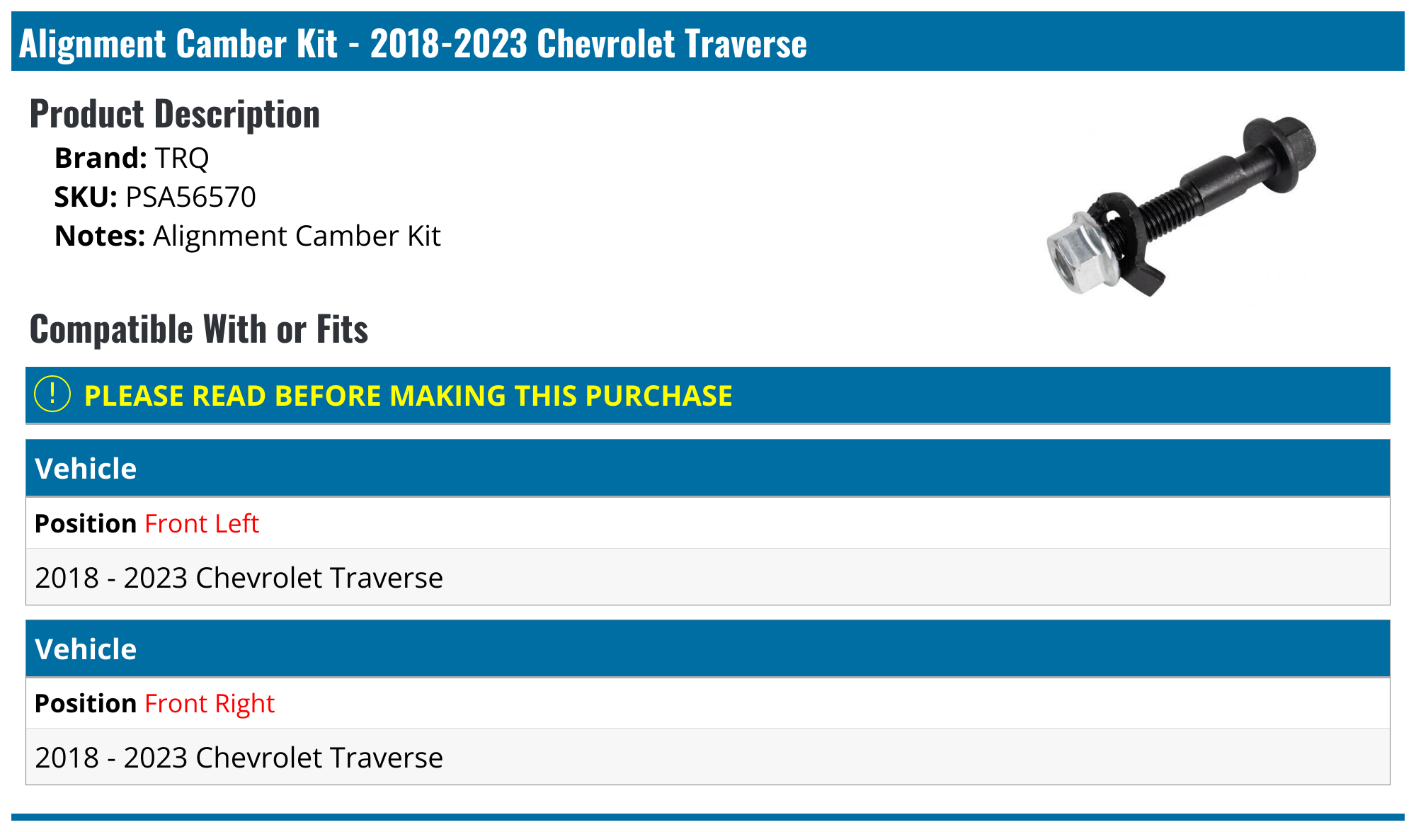 2018-2023 Chevrolet Traverse Alignment Camber Kit - TRQ PSA56570 ...