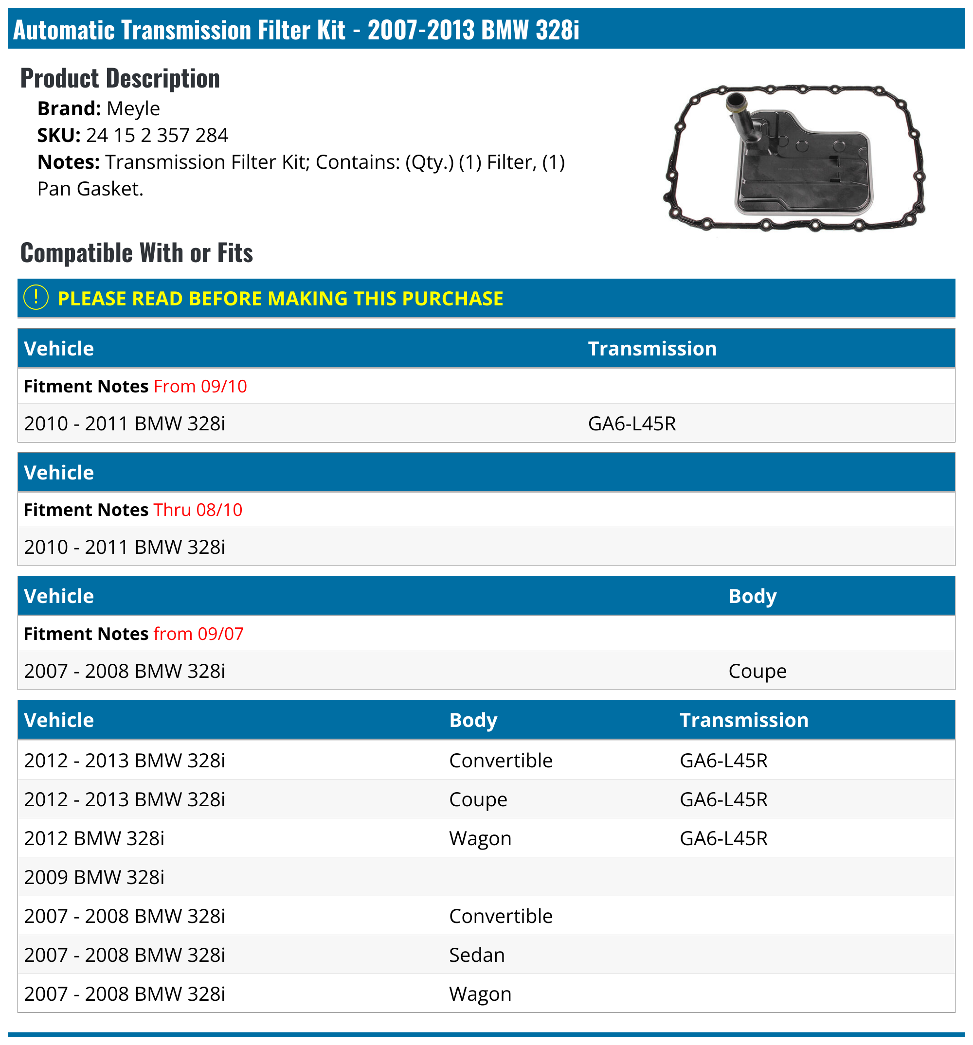 2007-2013 BMW 328i Automatic Transmission Filter - Meyle 24 15 2 357 ...