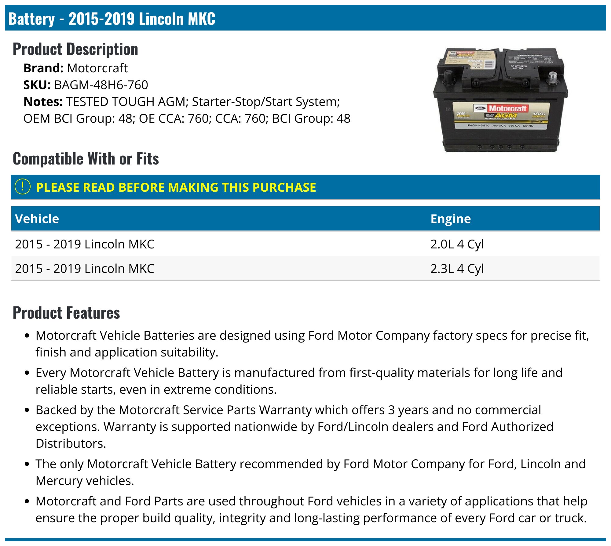 2015-2019 Lincoln MKC Battery - Motorcraft BAGM-48H6-760 - PartsGeek.com