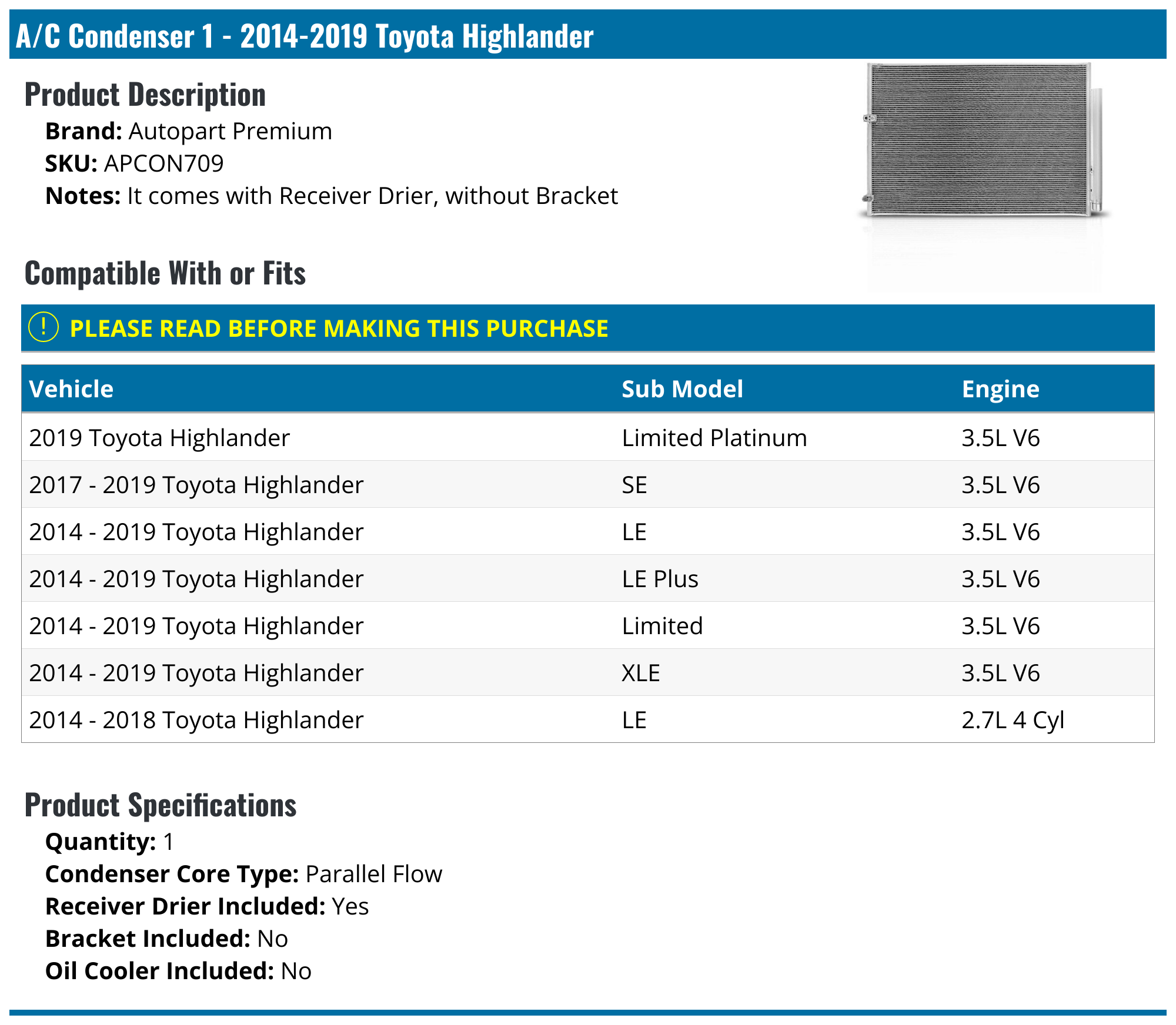 2014-2019 Toyota Highlander A/C Condenser - Autopart Premium APCON709 ...