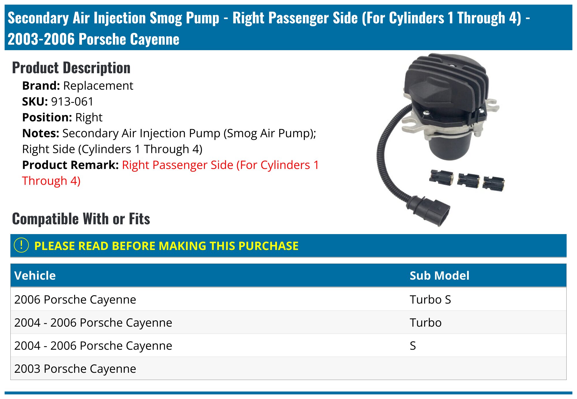 2003-2006 Porsche Cayenne Air Pump - Replacement 913-061 - Right ...