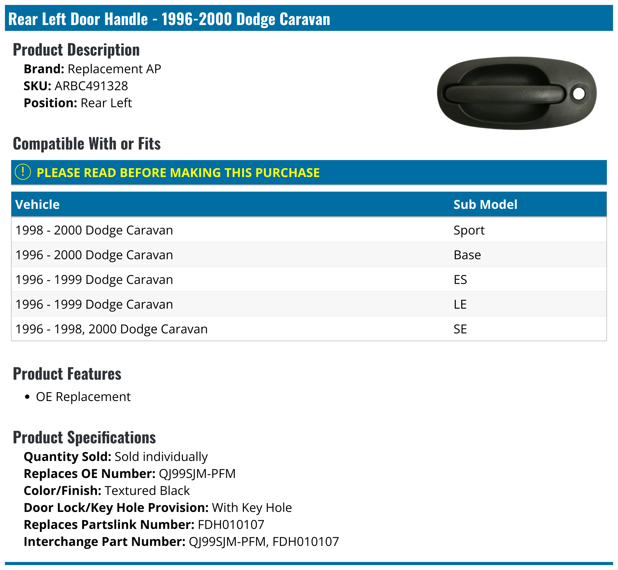 1996-2000 Dodge Caravan Door Handle - Replacement AP ARBC491328 - Rear ...