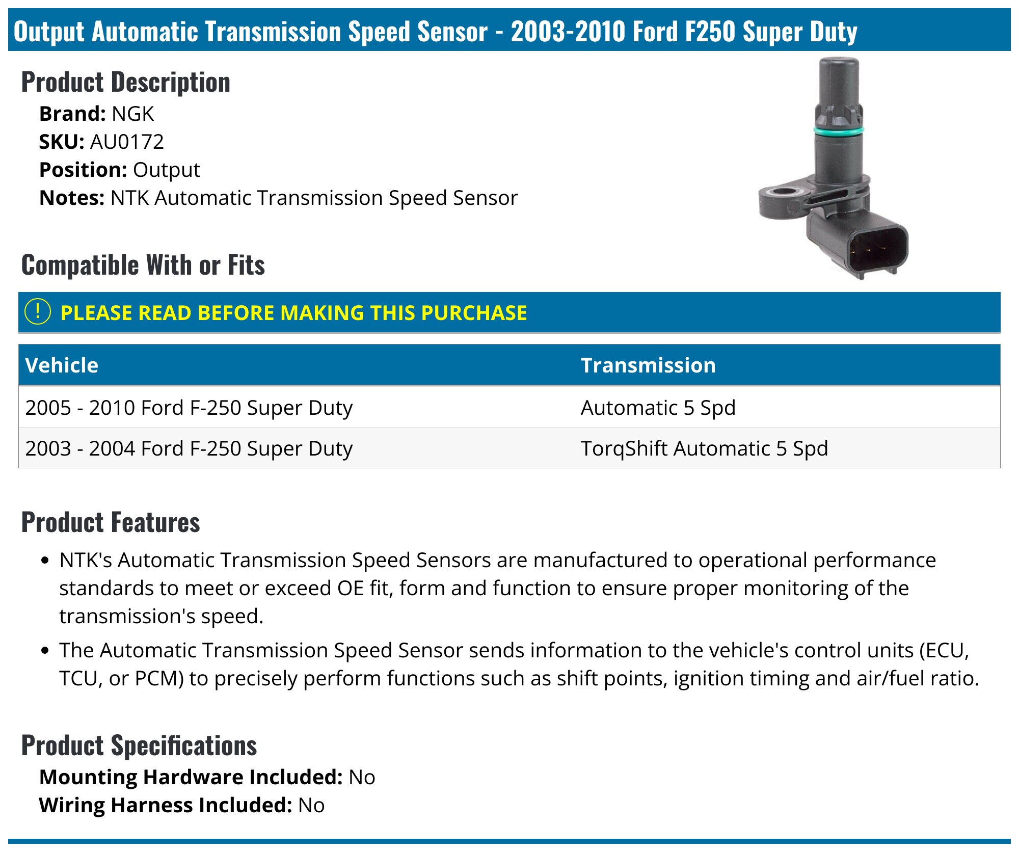 Ford Automatic Transmission Speed Sensor | F350 Super Duty F150 ...