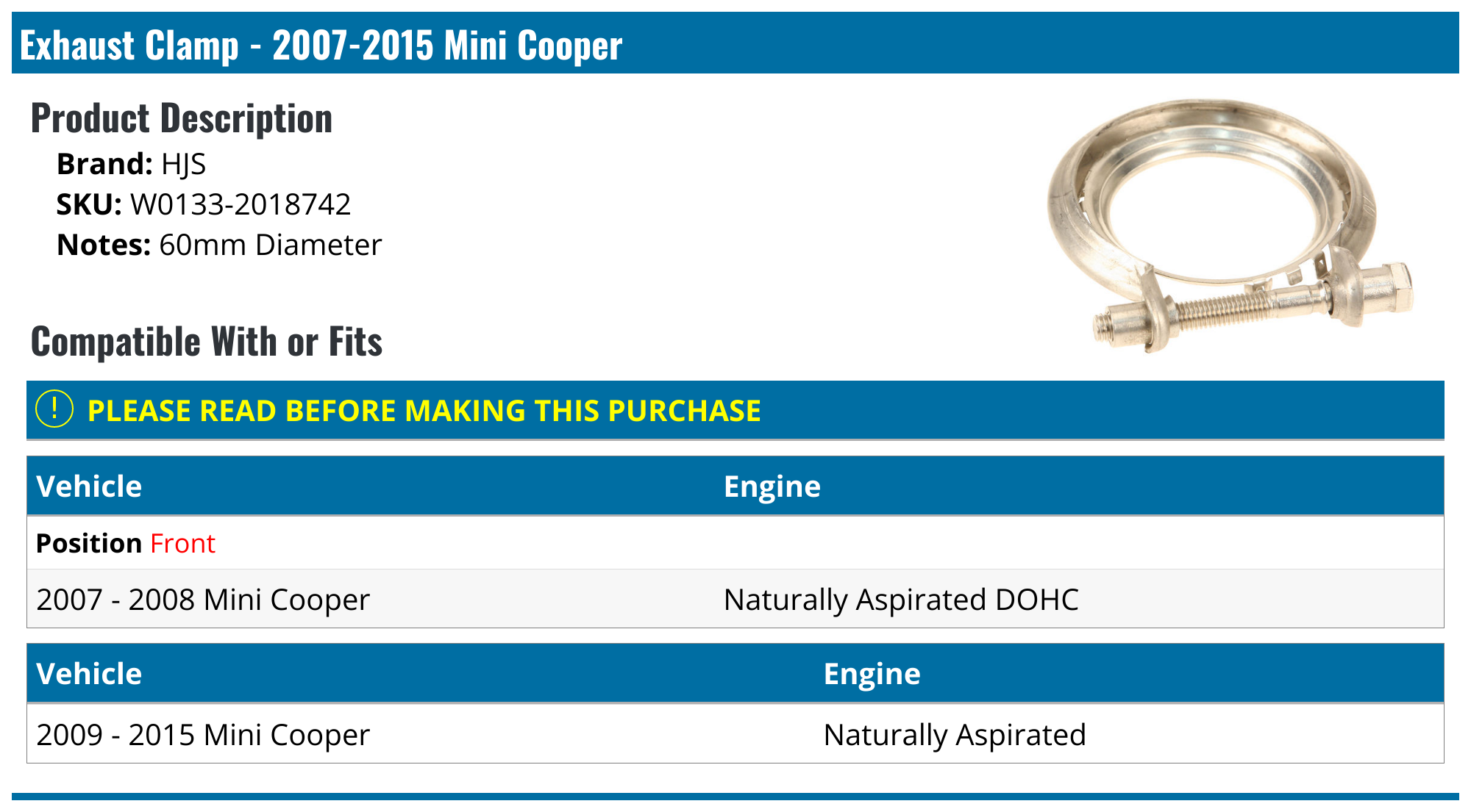 2007-2015 Mini Cooper Exhaust Clamp - HJS W0133-2018742 - Front ...