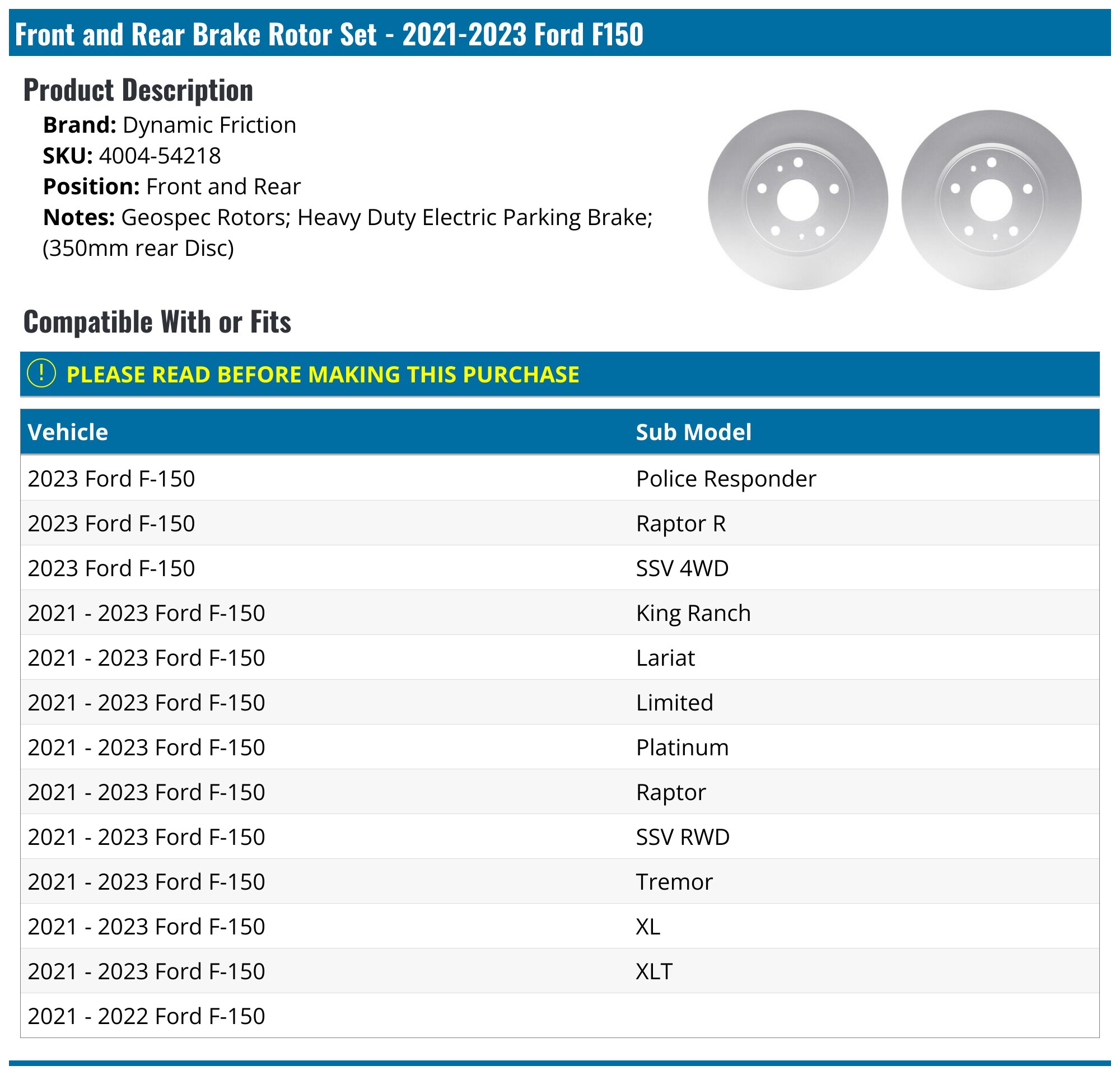 2021-2026 Ford F150 Brake Rotor - Dynamic Friction 4004-54218 - Front ...