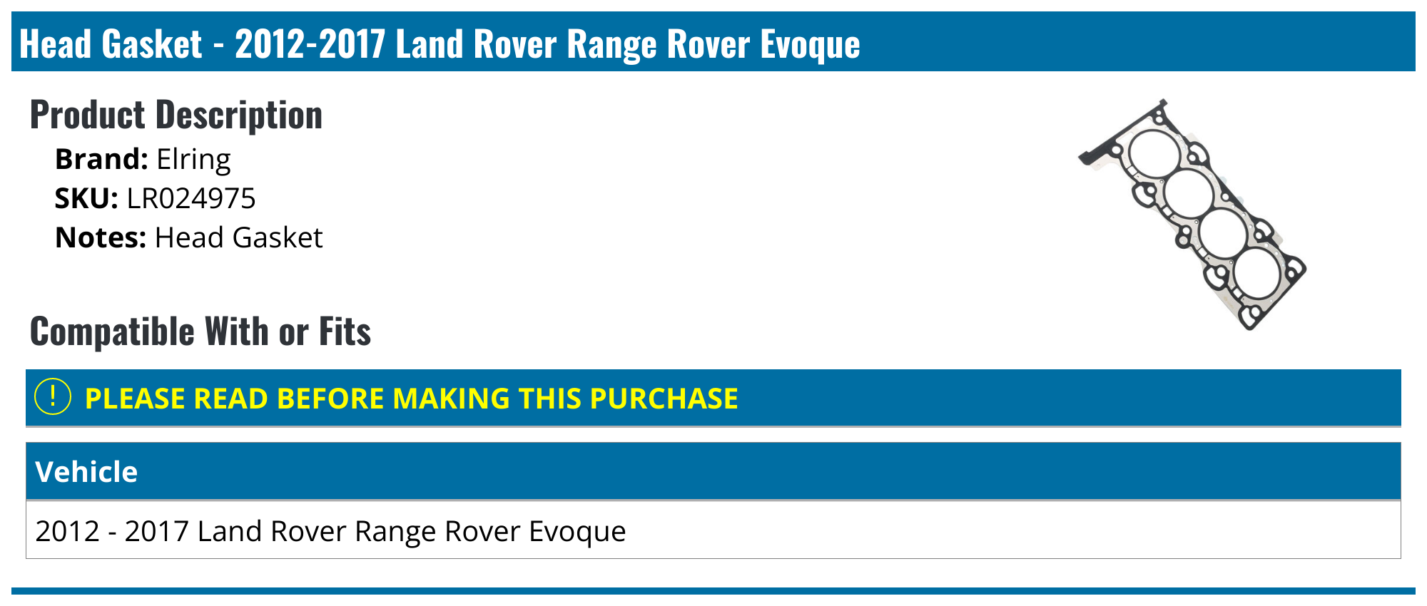 2012-2017 Land Rover Range Rover Evoque Head Gasket - Elring LR024975 ...