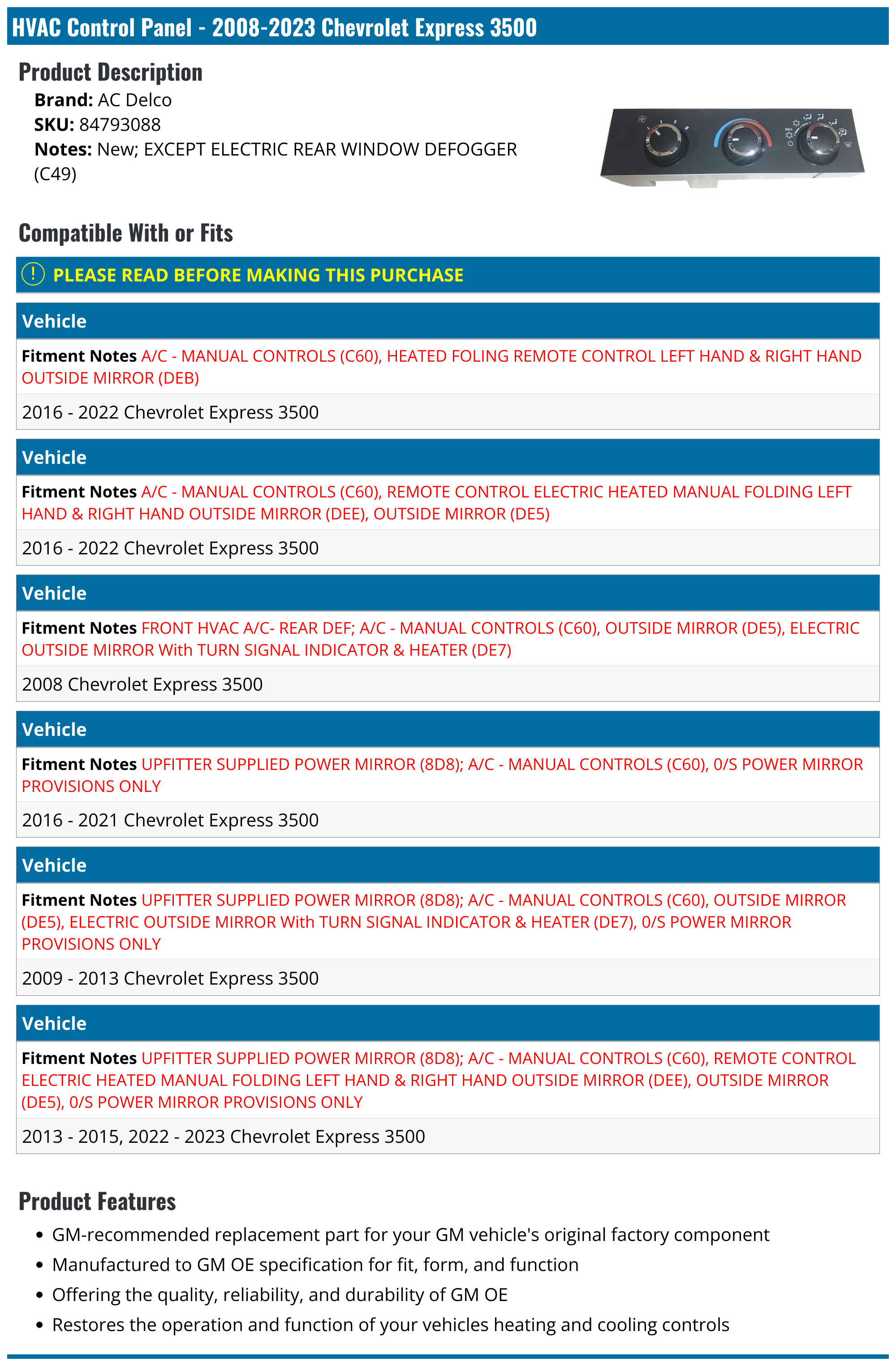 2008-2023 Chevrolet Express 3500 HVAC Control Module - AC Delco ...