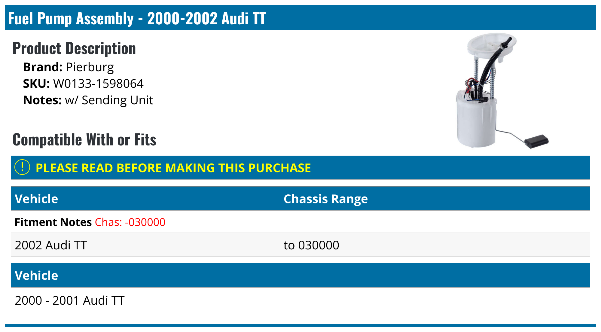 2000-2002 Audi TT Fuel Pump - Pierburg W0133-1598064 - PartsGeek.com
