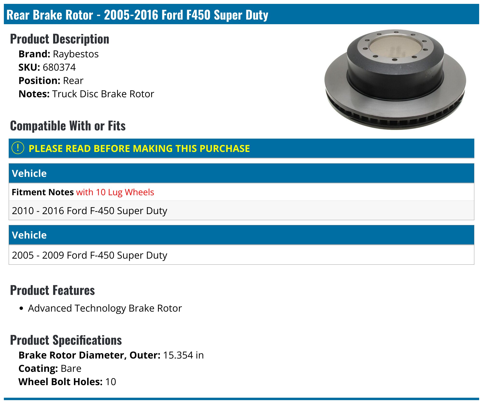 2005-2016 Ford F450 Super Duty Brake Rotor - Raybestos 680374 - Rear ...
