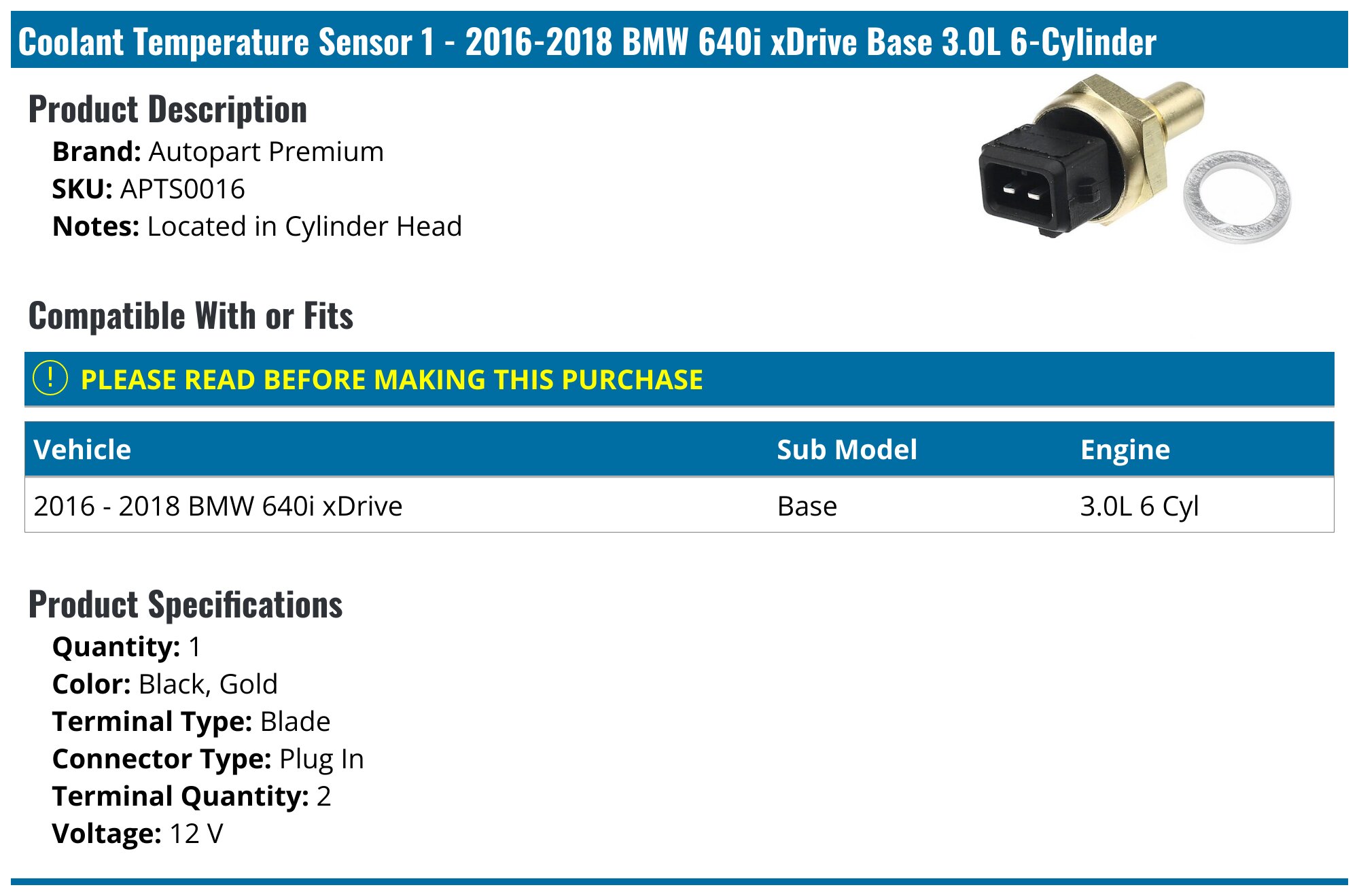 2016-2018 BMW 640i xDrive Engine Coolant Temperature Sensor - Autopart ...