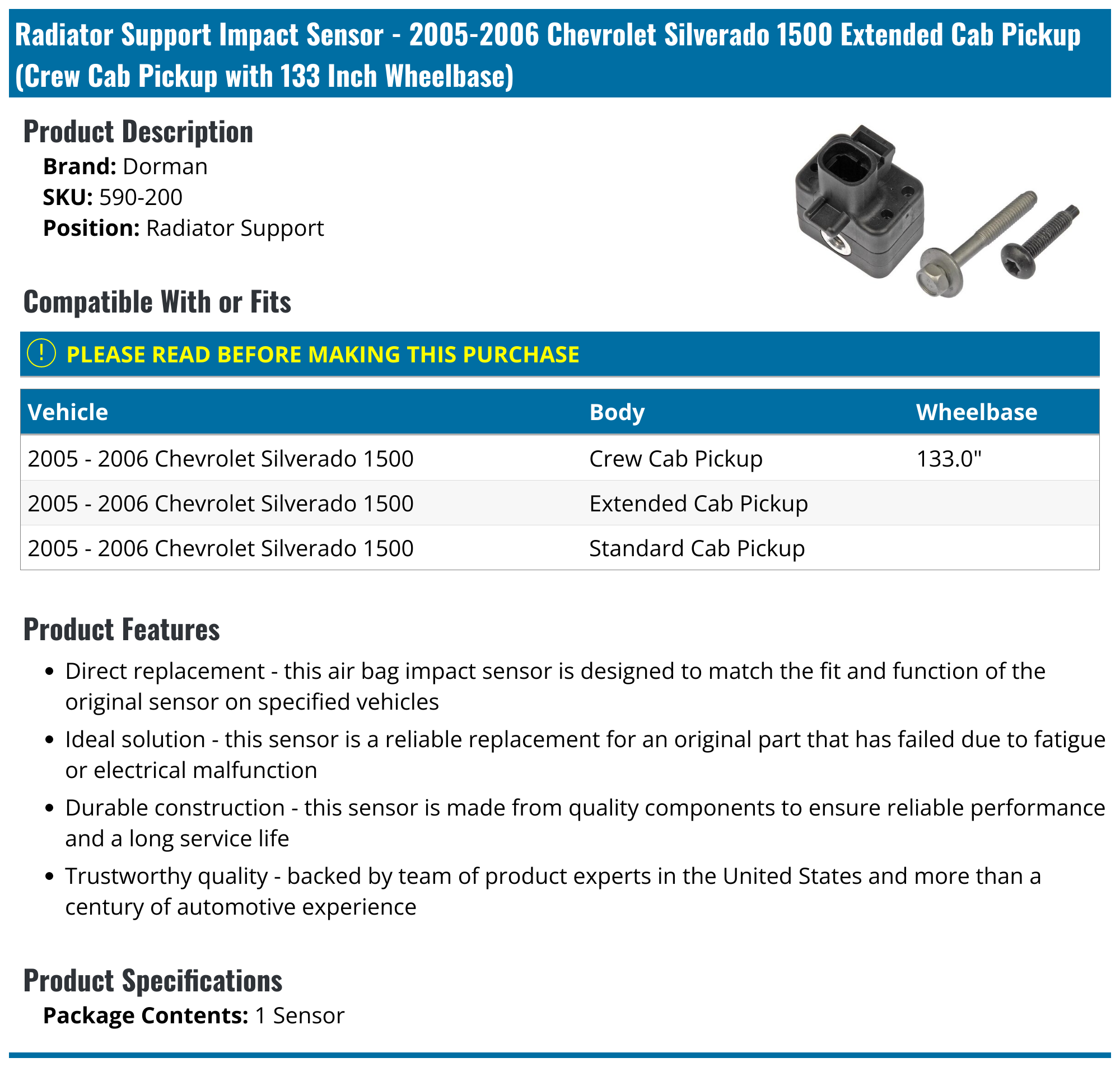 2005-2006 Chevrolet Silverado 1500 Impact Sensor - Dorman 590-200 ...