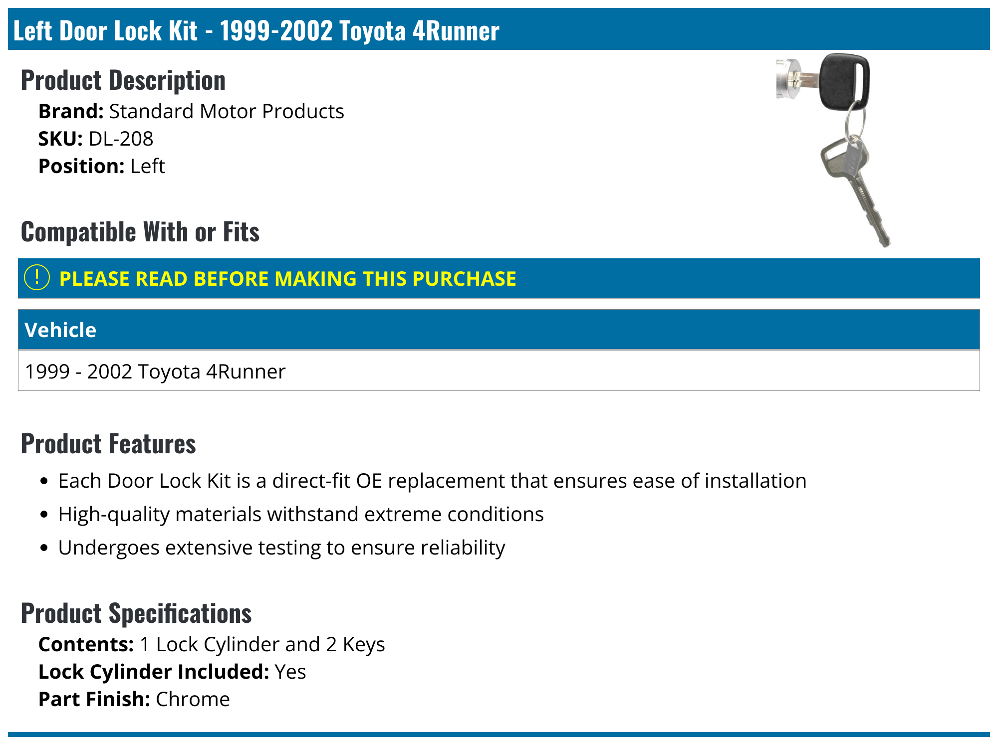 1999-2002 Toyota 4Runner Door Lock Kit - Standard Motor Products DL-208 ...