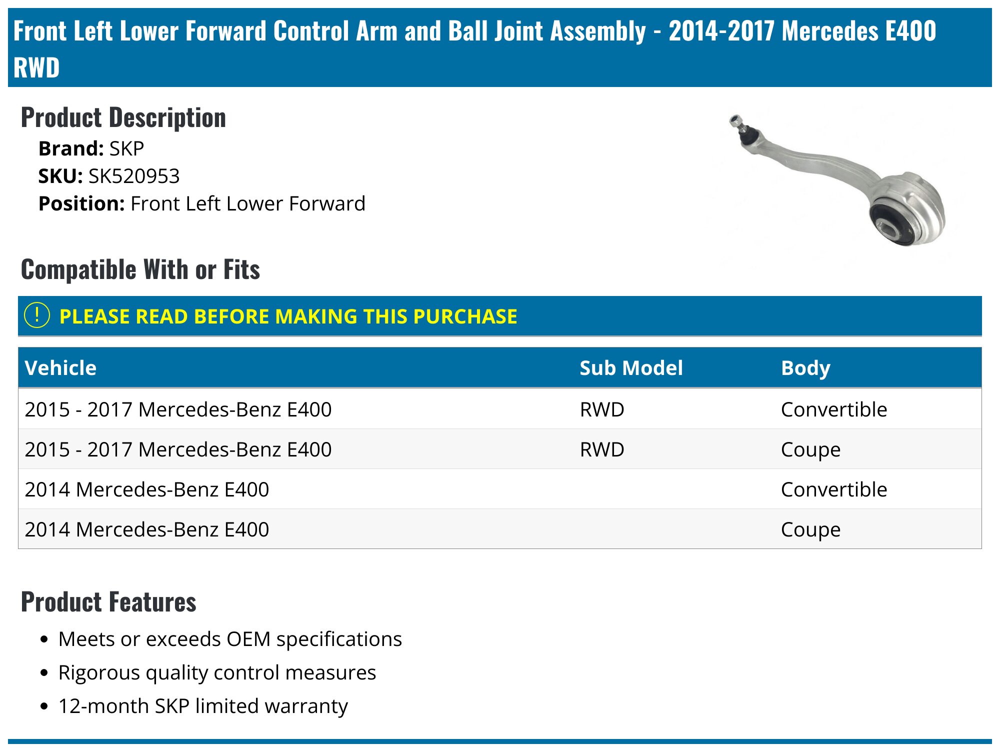 2014-2017 Mercedes E400 Control Arm - SKP SK520953 - Front Left Lower ...