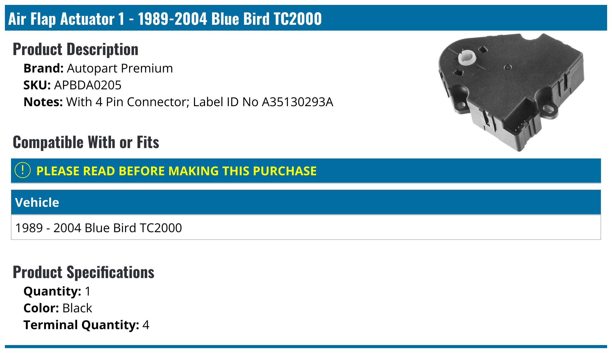 1989-2004 Blue Bird TC2000 Air Flap Actuator - Autopart Premium ...