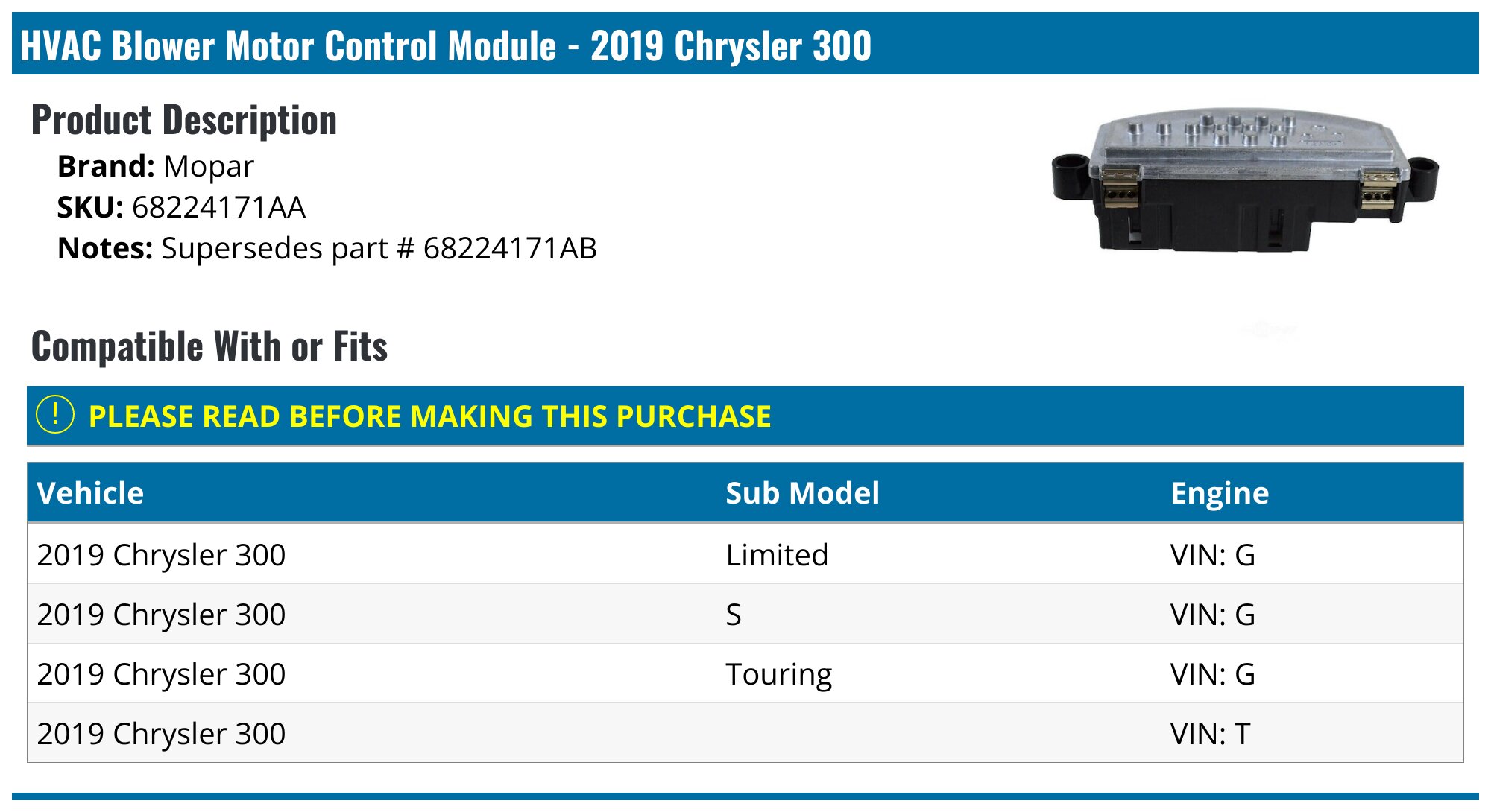 2019 Chrysler 300 HVAC Blower Motor Control Module - Mopar 68224171AA ...