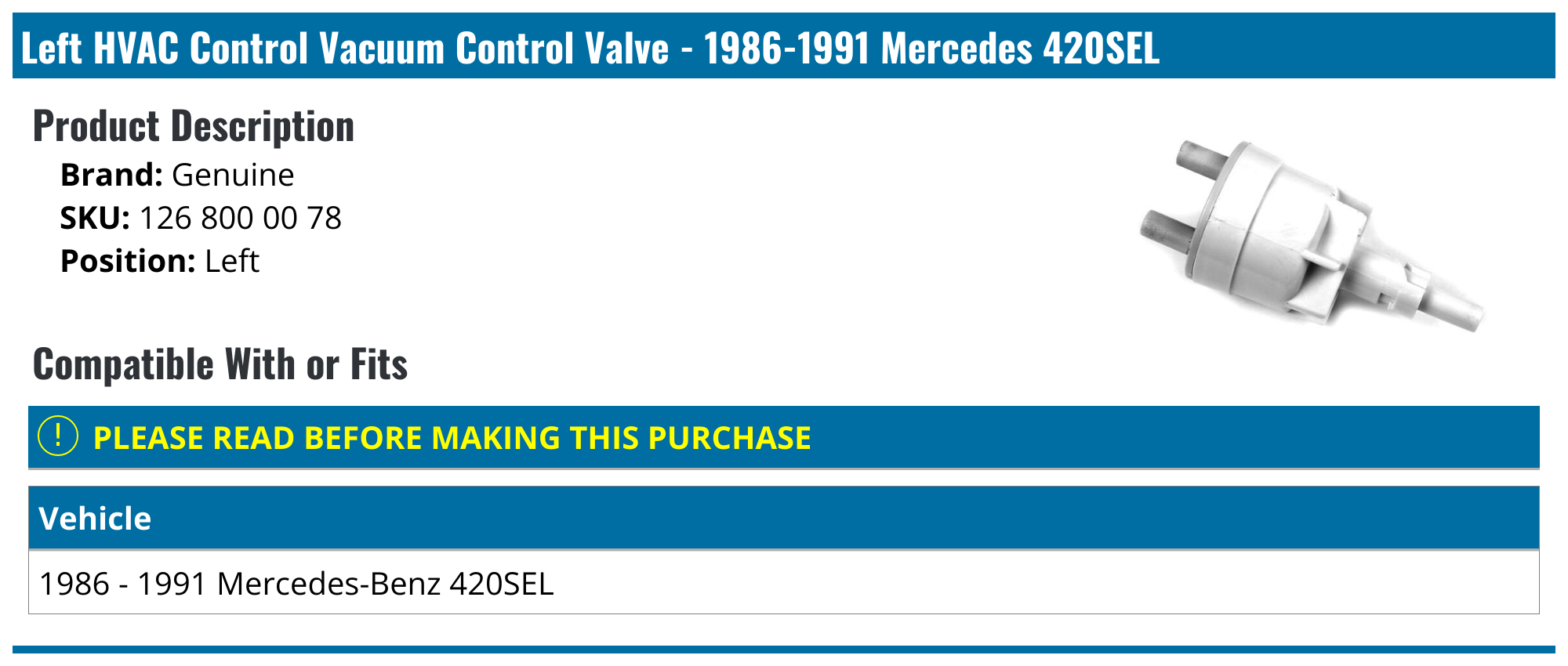 1986-1991 Mercedes 420SEL HVAC Control Vacuum Control Valve - Genuine ...