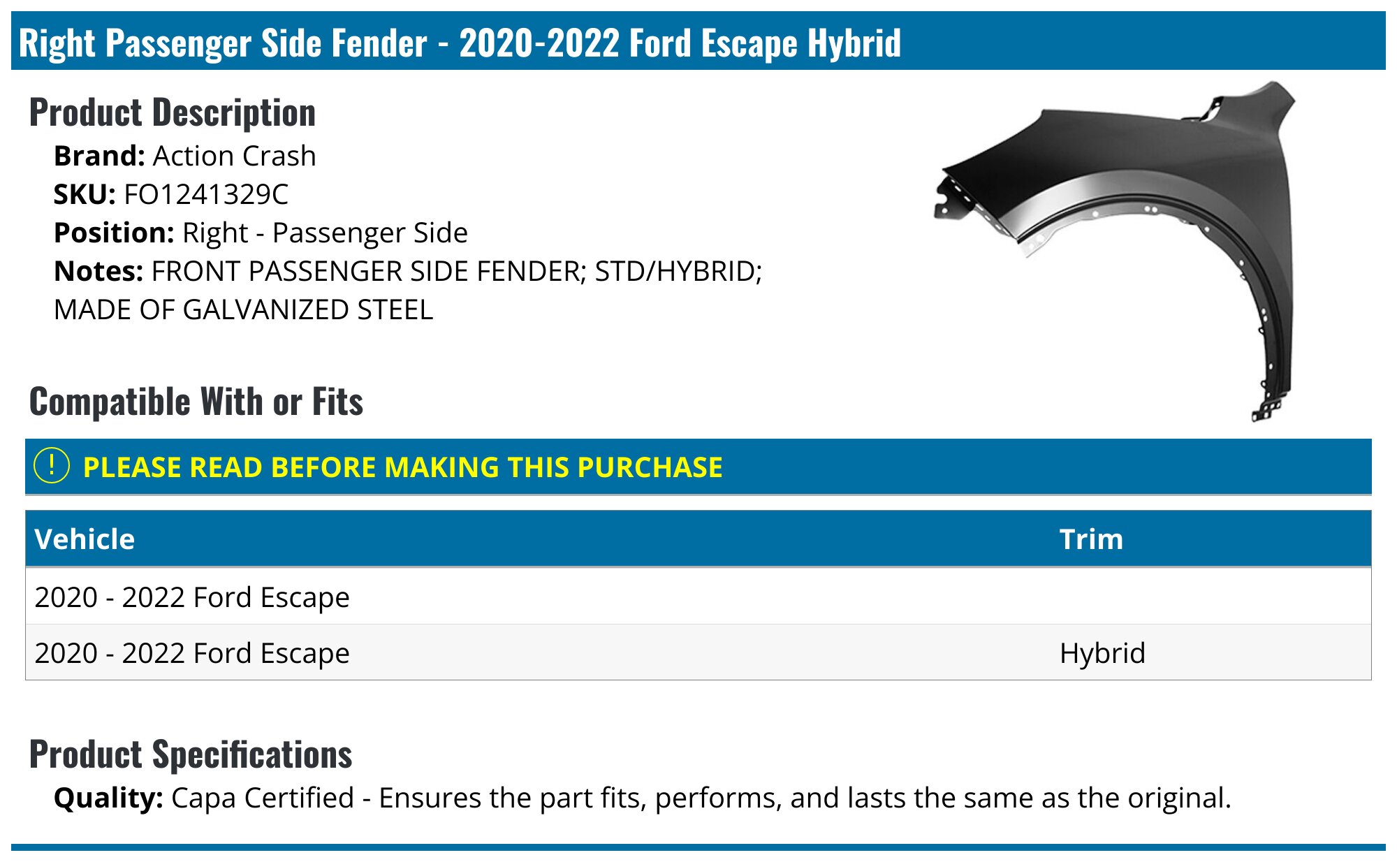 2020-2025 Ford Escape Fender - Action Crash FO1241329C - Right ...