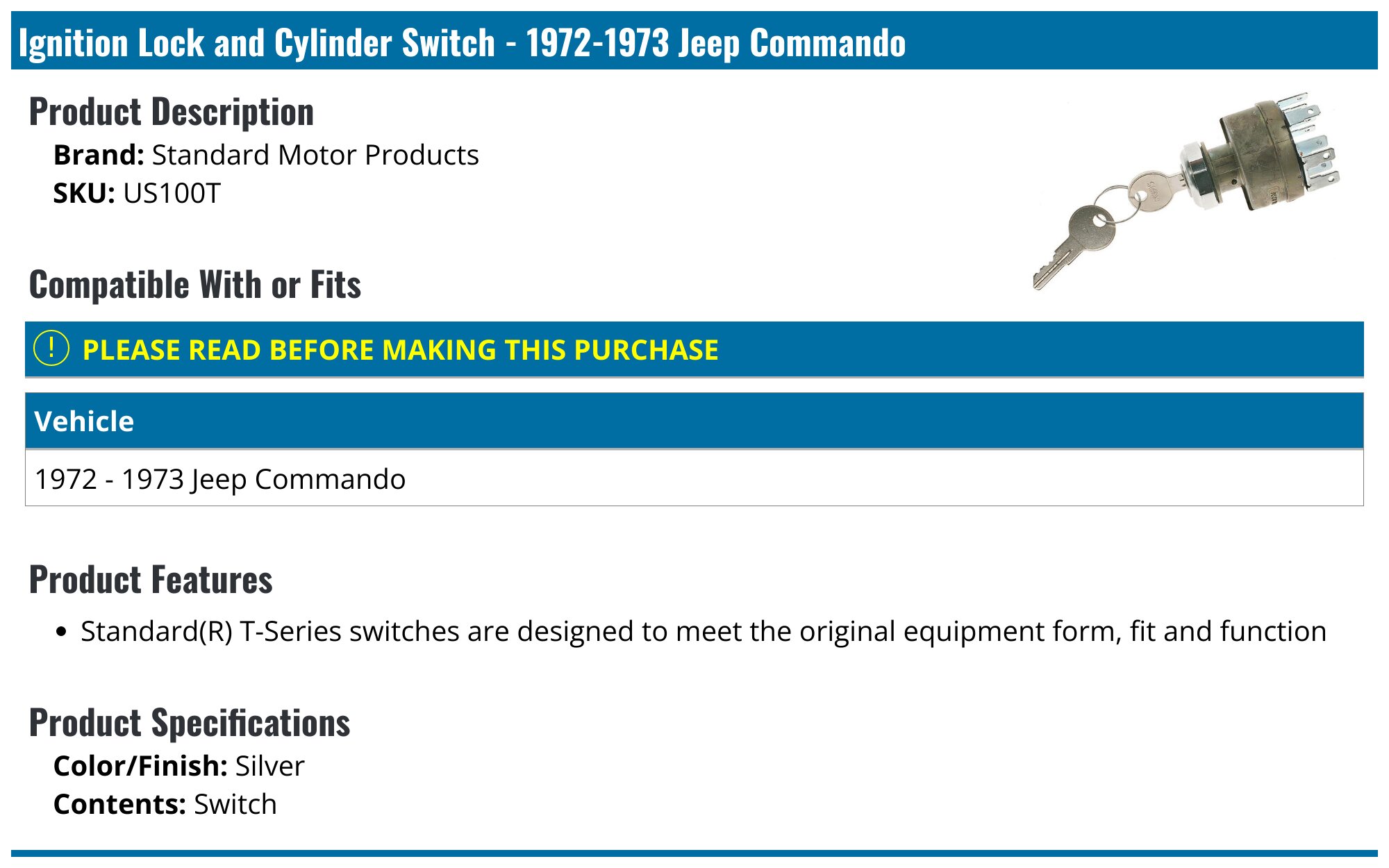 1972-1973 Jeep Commando Ignition Switch - Standard Motor Products ...