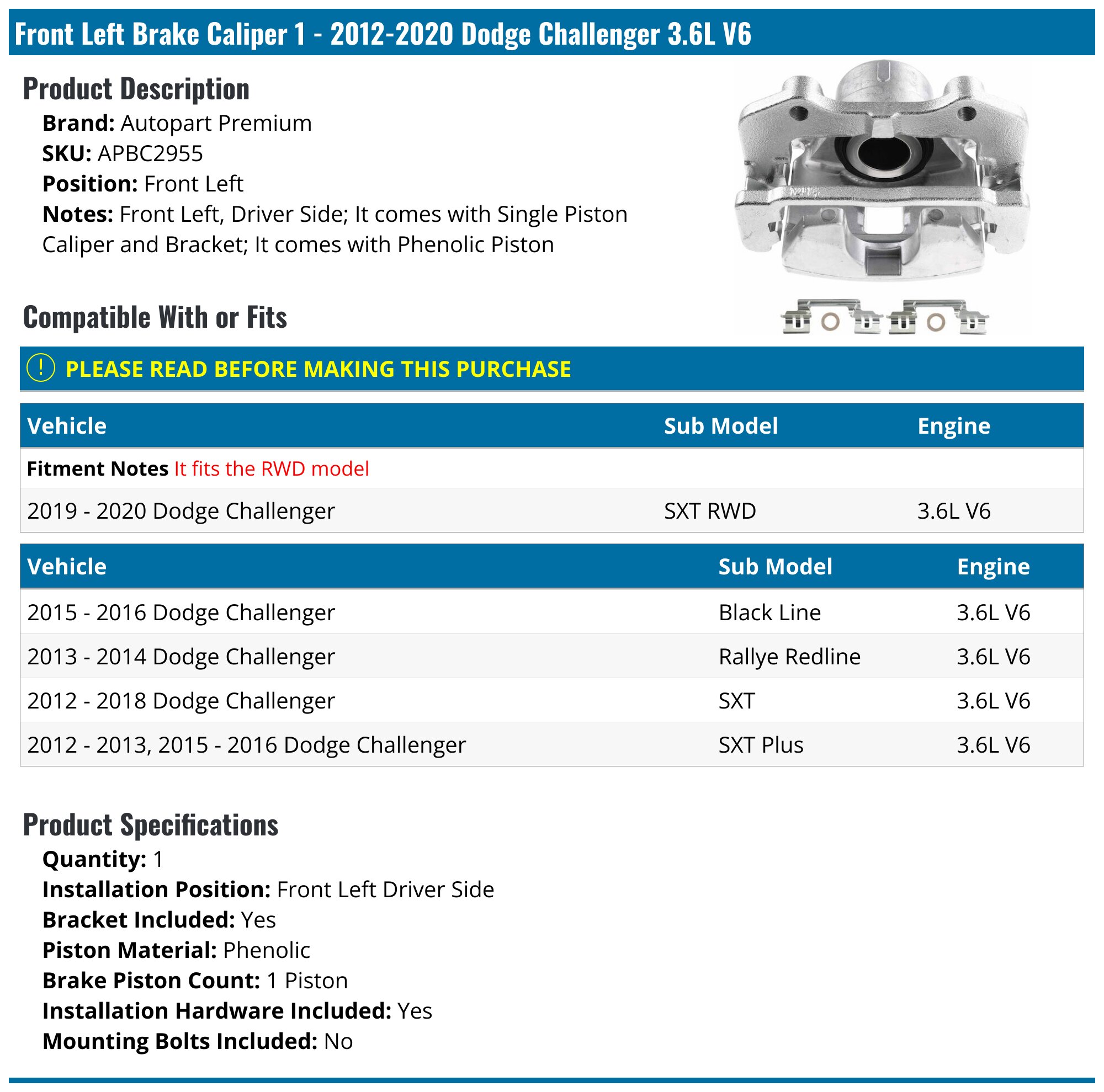 2012-2021 Dodge Challenger Brake Caliper - Autopart Premium APBC2955 ...