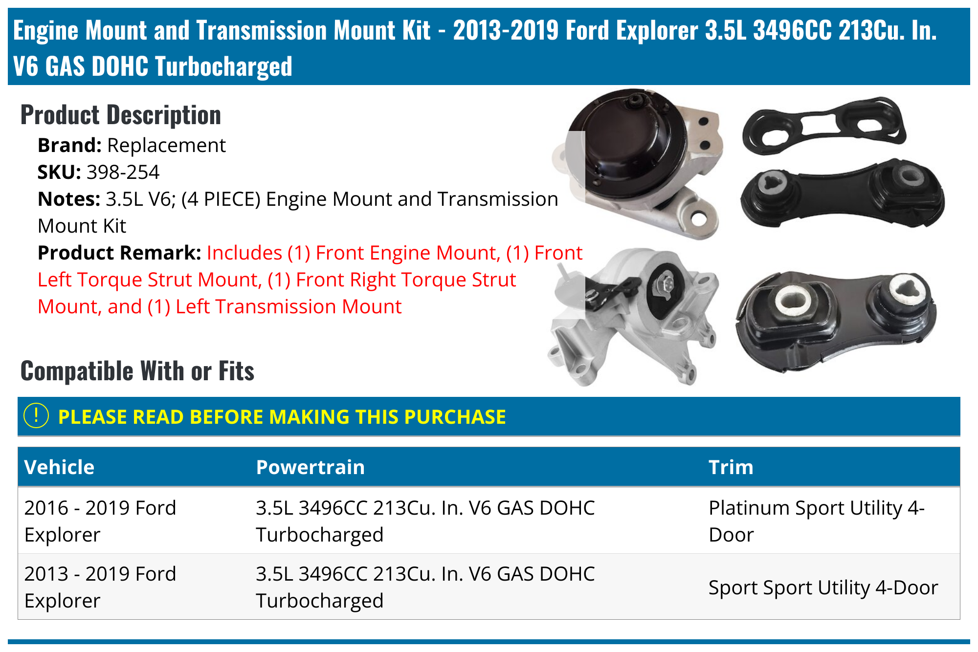 2013-2019 Ford Explorer Engine Mount - Replacement 398-254 - PartsGeek.com