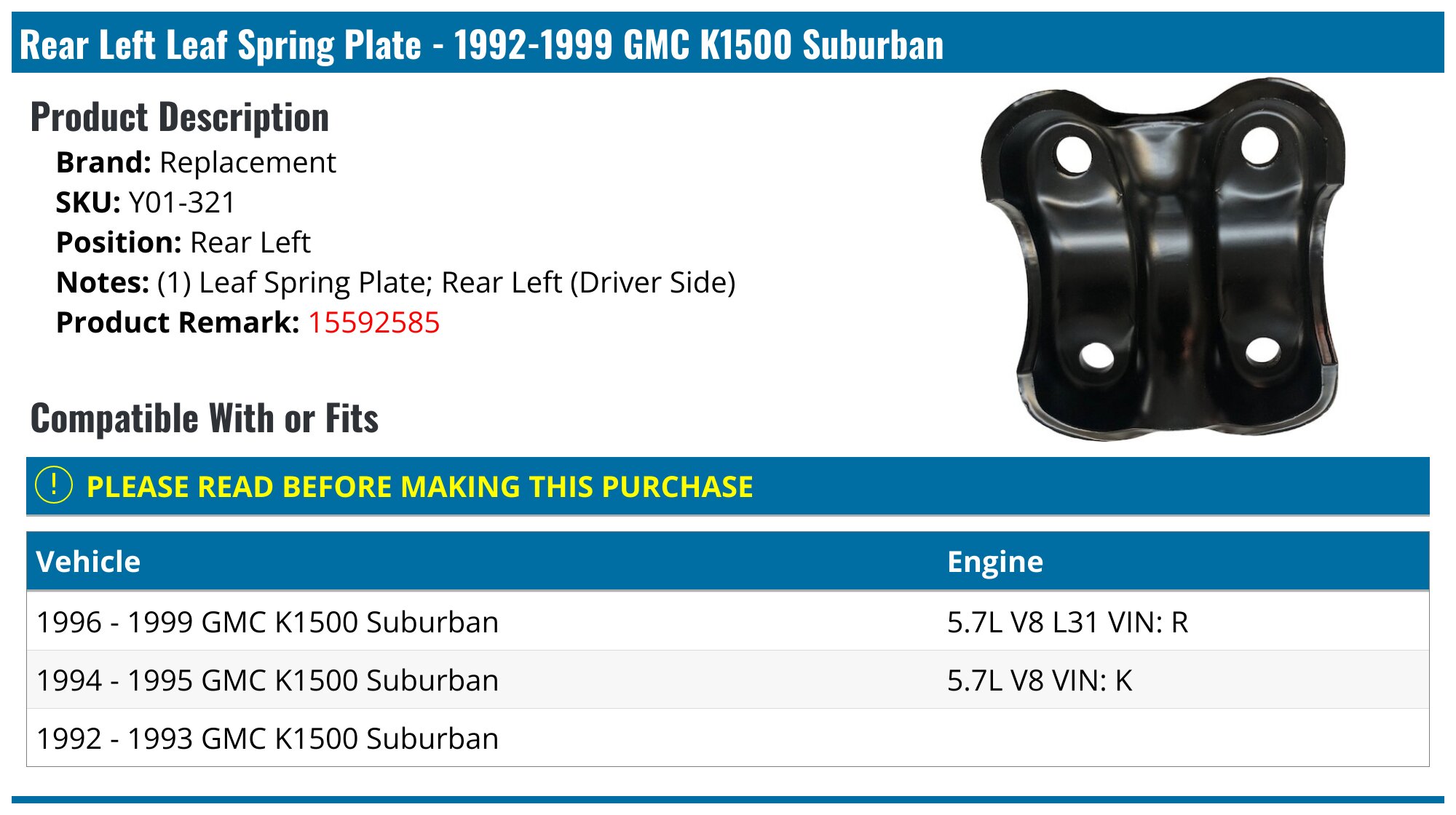 1992-1999 GMC K1500 Suburban Leaf Spring Plate - Replacement Y01-321 ...