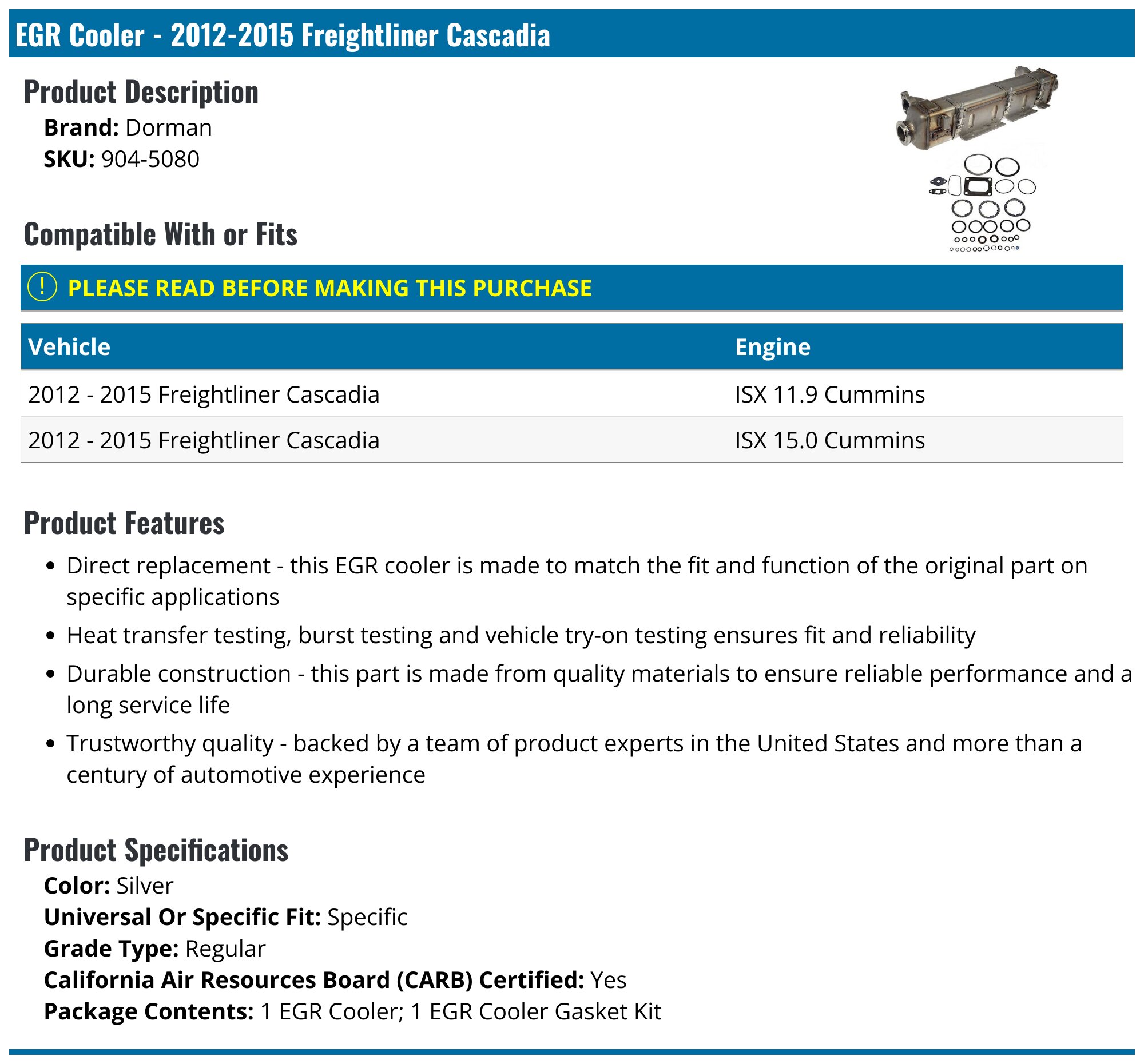 2012-2015 Freightliner Cascadia EGR Cooler - Dorman 904-5080 ...
