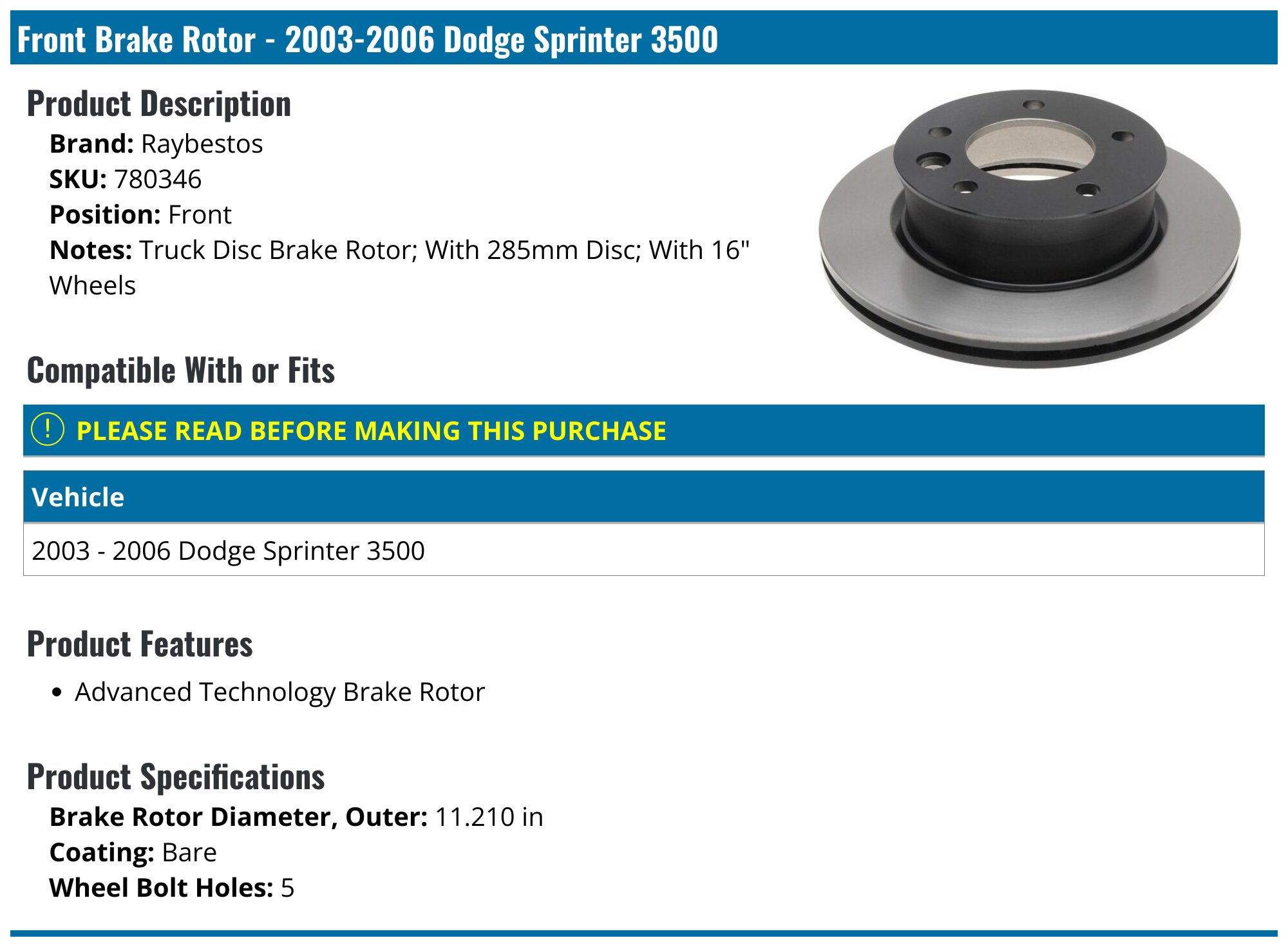 2003-2006 Dodge Sprinter 3500 Brake Rotor - Raybestos 780346 - Front ...
