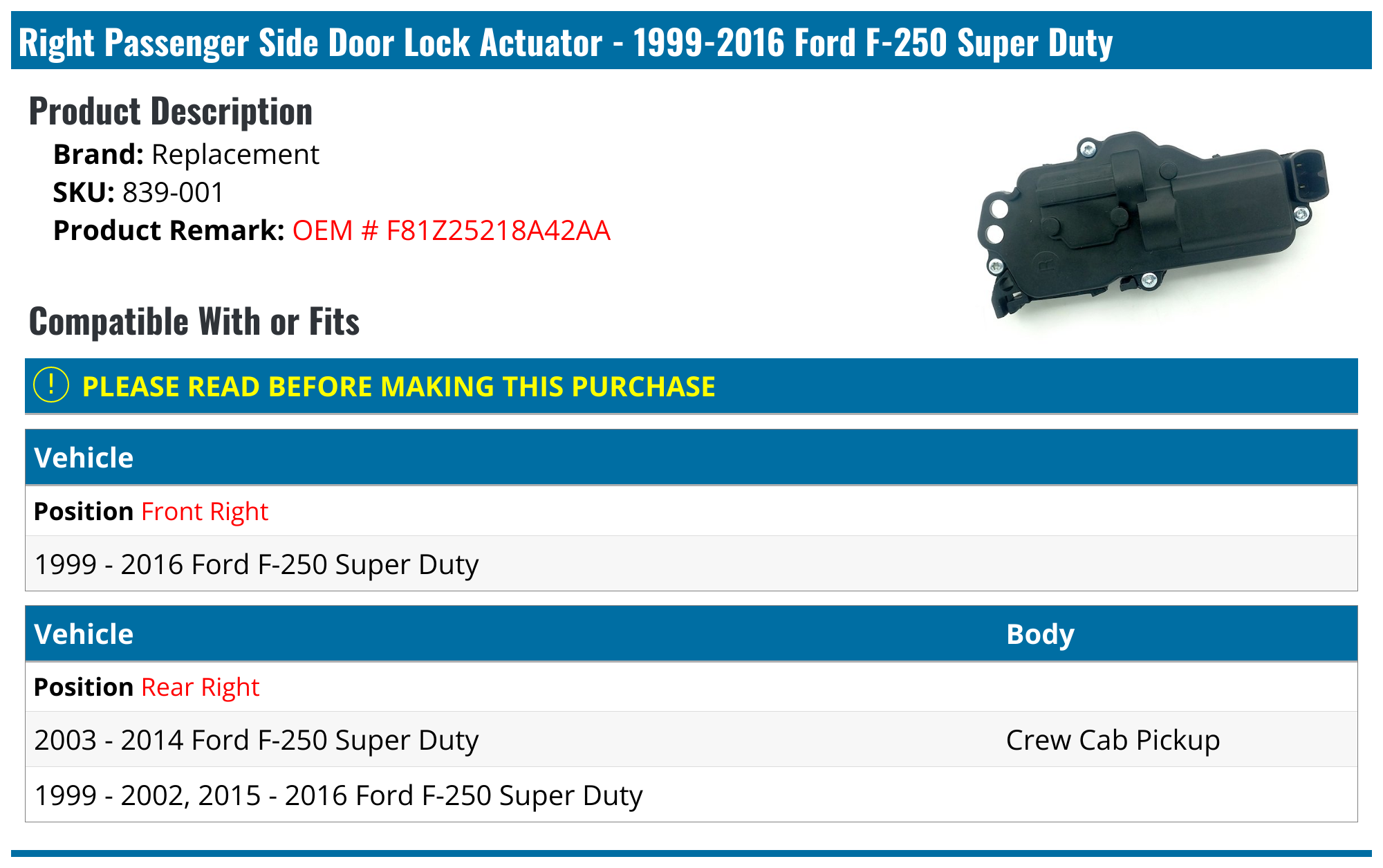 1999-2016 Ford F250 Super Duty Door Lock Actuator - Replacement 839-001 ...