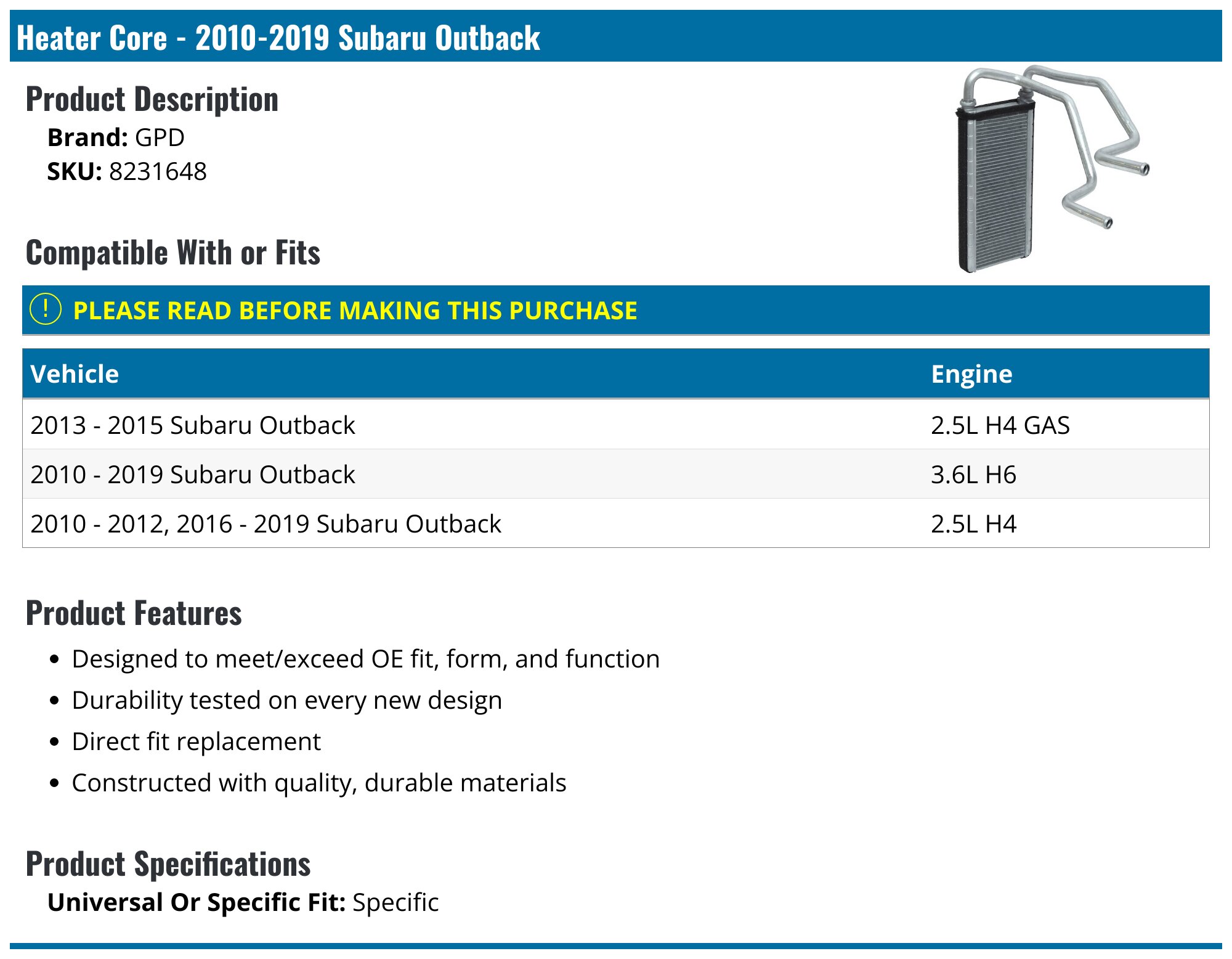 2010-2019 Subaru Outback Heater Core - GPD 8231648 - PartsGeek.com