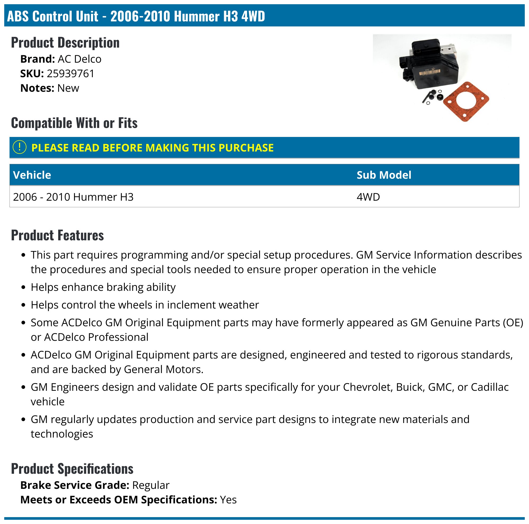 2006-2010 Hummer H3 ABS Control Unit - AC Delco 25939761 - PartsGeek.com