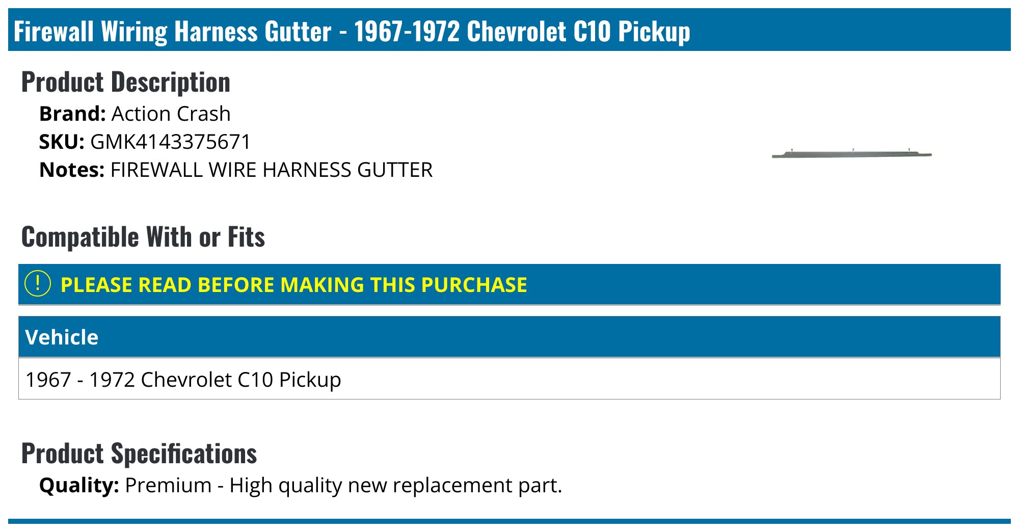 1967-1972 Chevrolet C10 Pickup Firewall Wiring Harness Gutter - Action ...