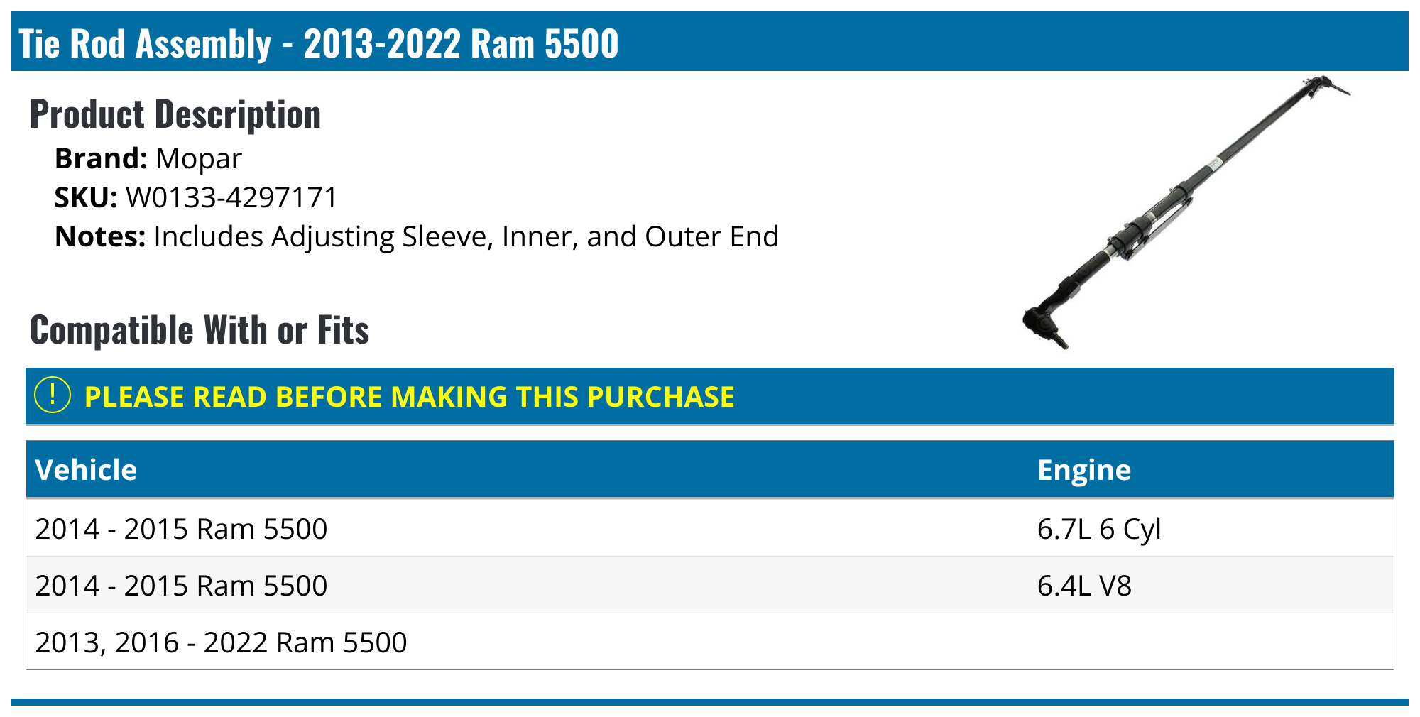 2013-2024 Ram 5500 Tie Rod - Mopar W0133-4297171 - PartsGeek.com
