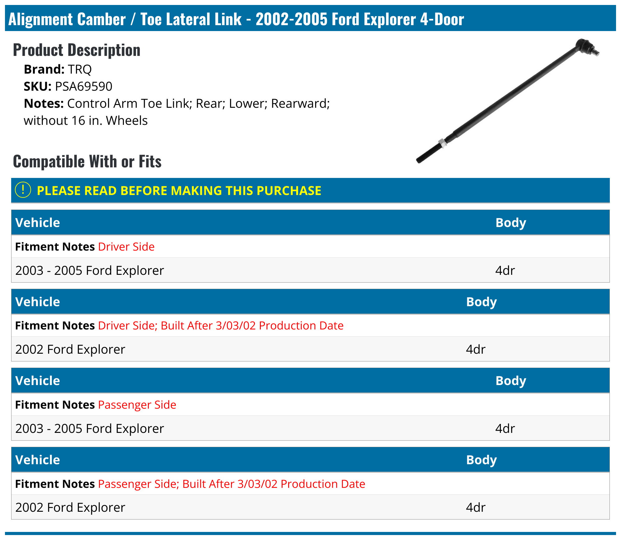 2002-2005 Ford Explorer Alignment Camber / Toe Lateral Link - TRQ ...