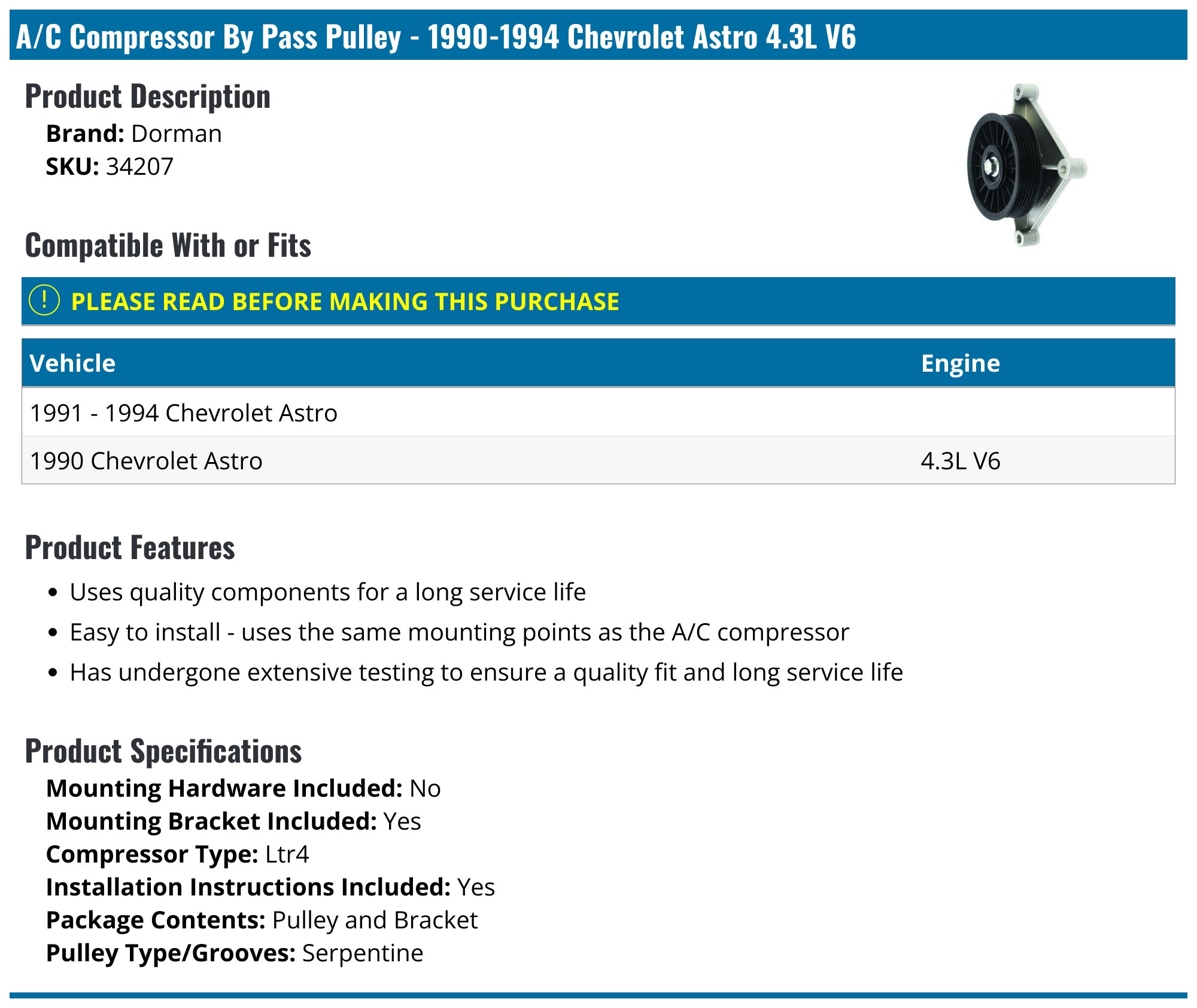 1990-1994 Chevrolet Astro A/C Compressor By Pass Pulley - Dorman 34207 ...