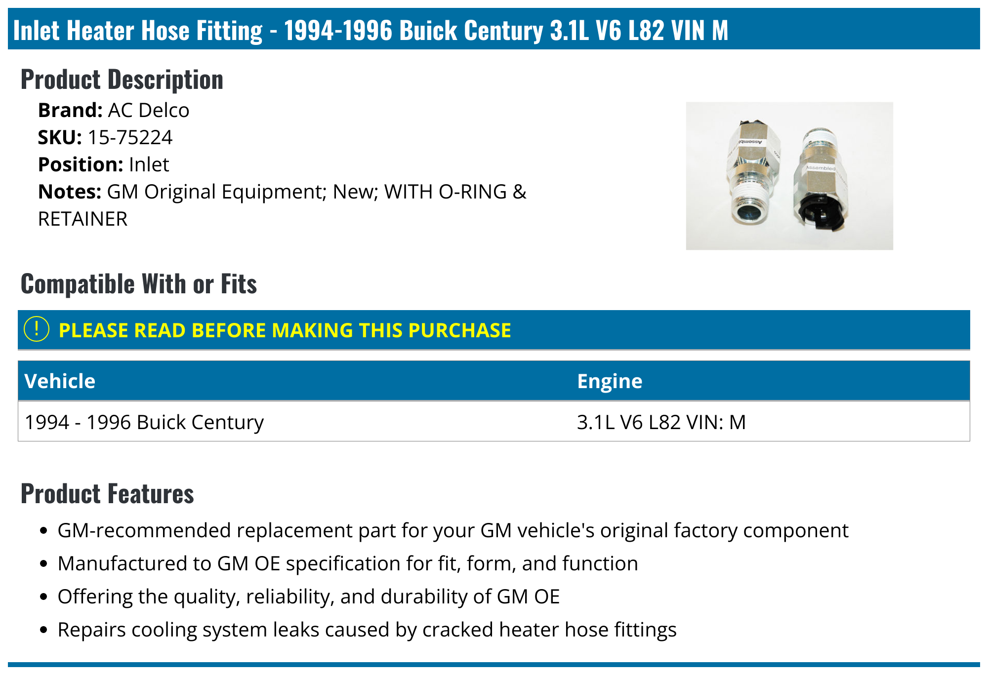 1994-1996 Buick Century Heater Hose Fitting - AC Delco 15-75224 - Inlet ...