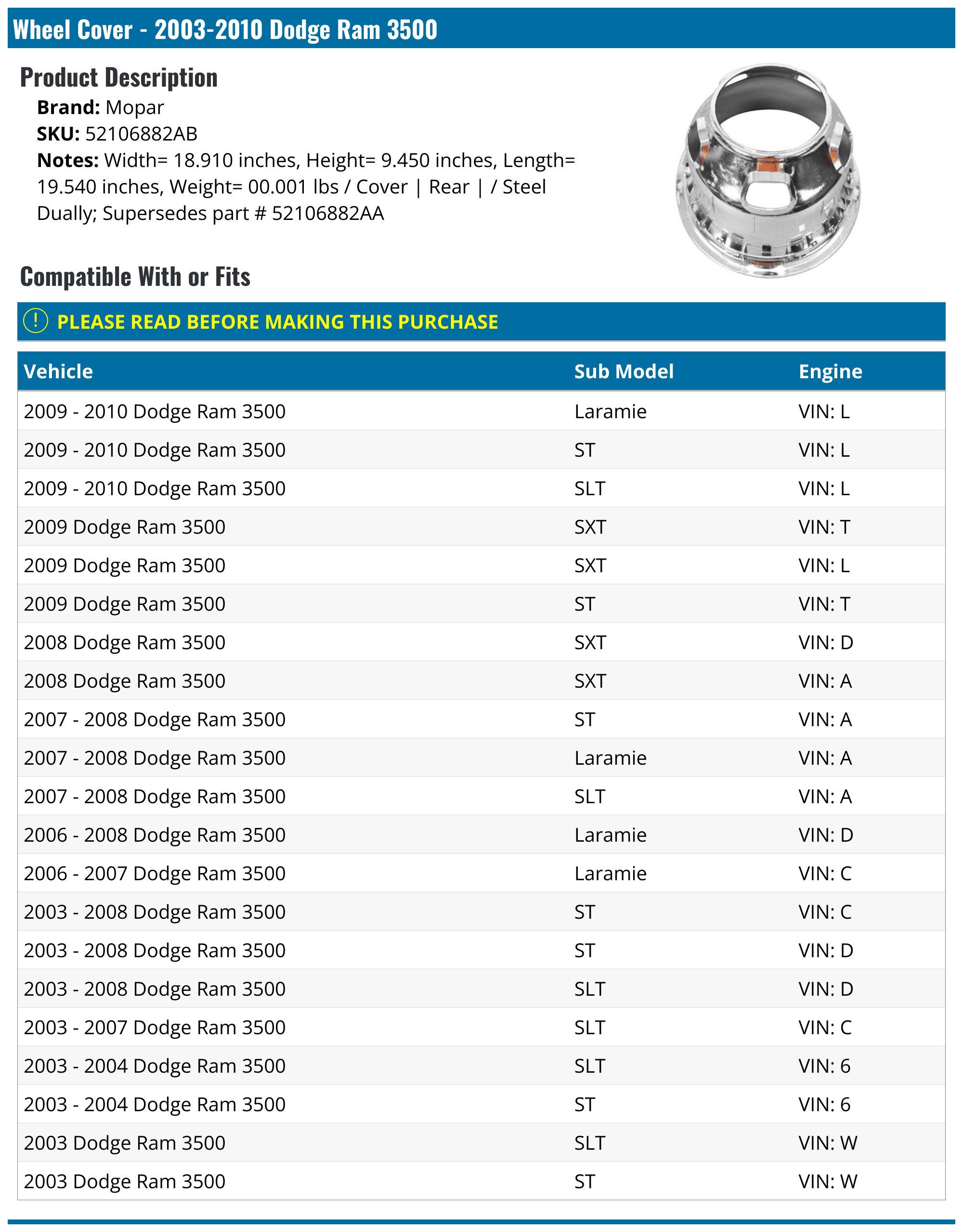 2003-2010 Dodge Ram 3500 Wheel Cover - Mopar 52106882AB - PartsGeek.com