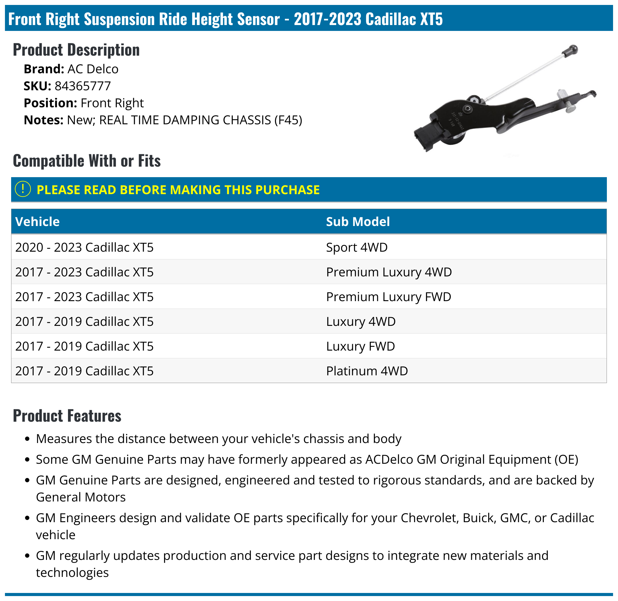 2017-2025 Cadillac XT5 Suspension Ride Height Sensor - AC Delco ...