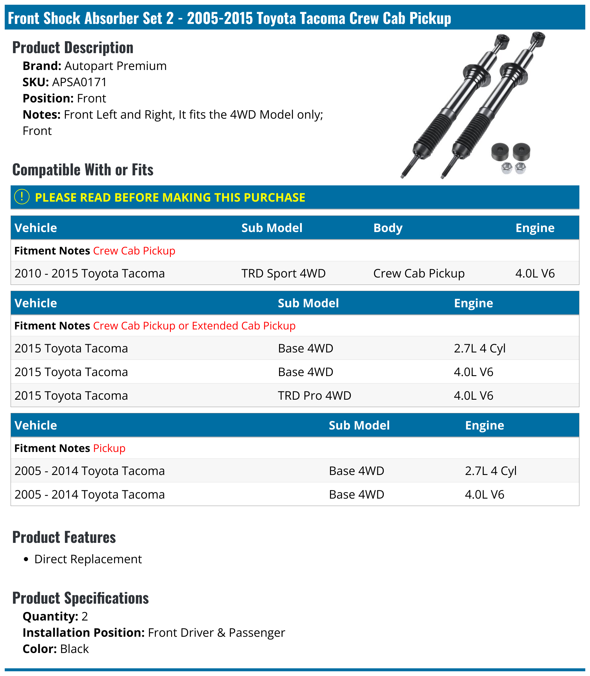 2005-2015 Toyota Tacoma Shock Absorber - Autopart Premium APSA0171 ...
