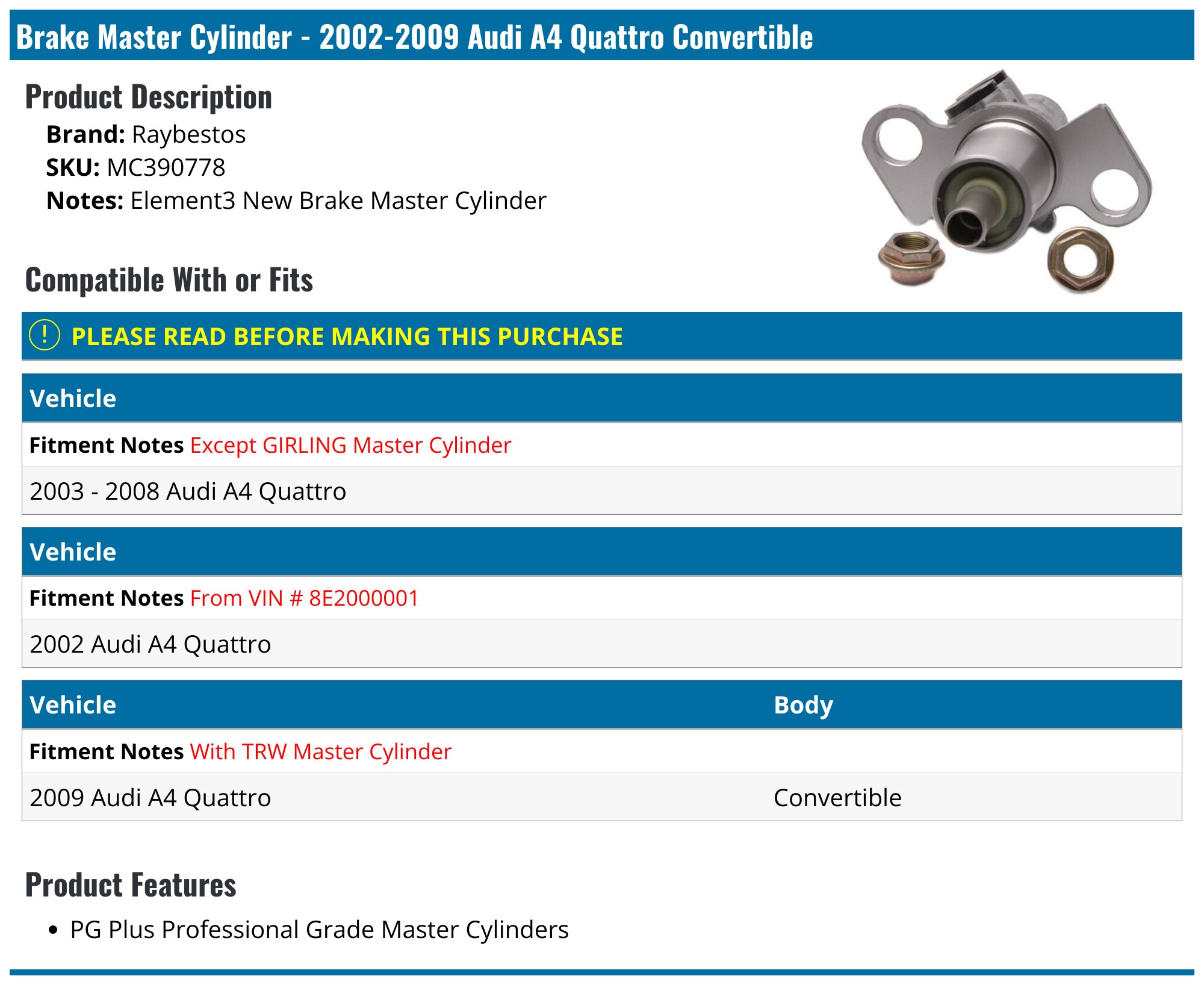 2002-2009 Audi A4 Quattro Brake Master Cylinder - Raybestos MC390778 ...