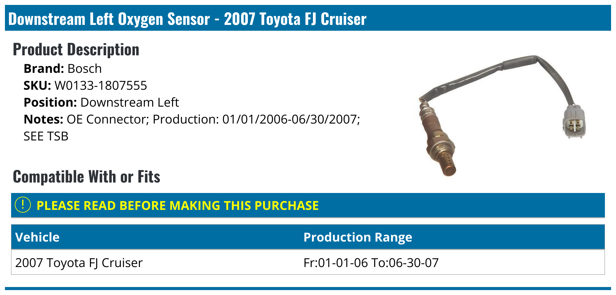 2007-2008 Toyota FJ Cruiser Oxygen Sensor - Bosch W0133-1807555 ...