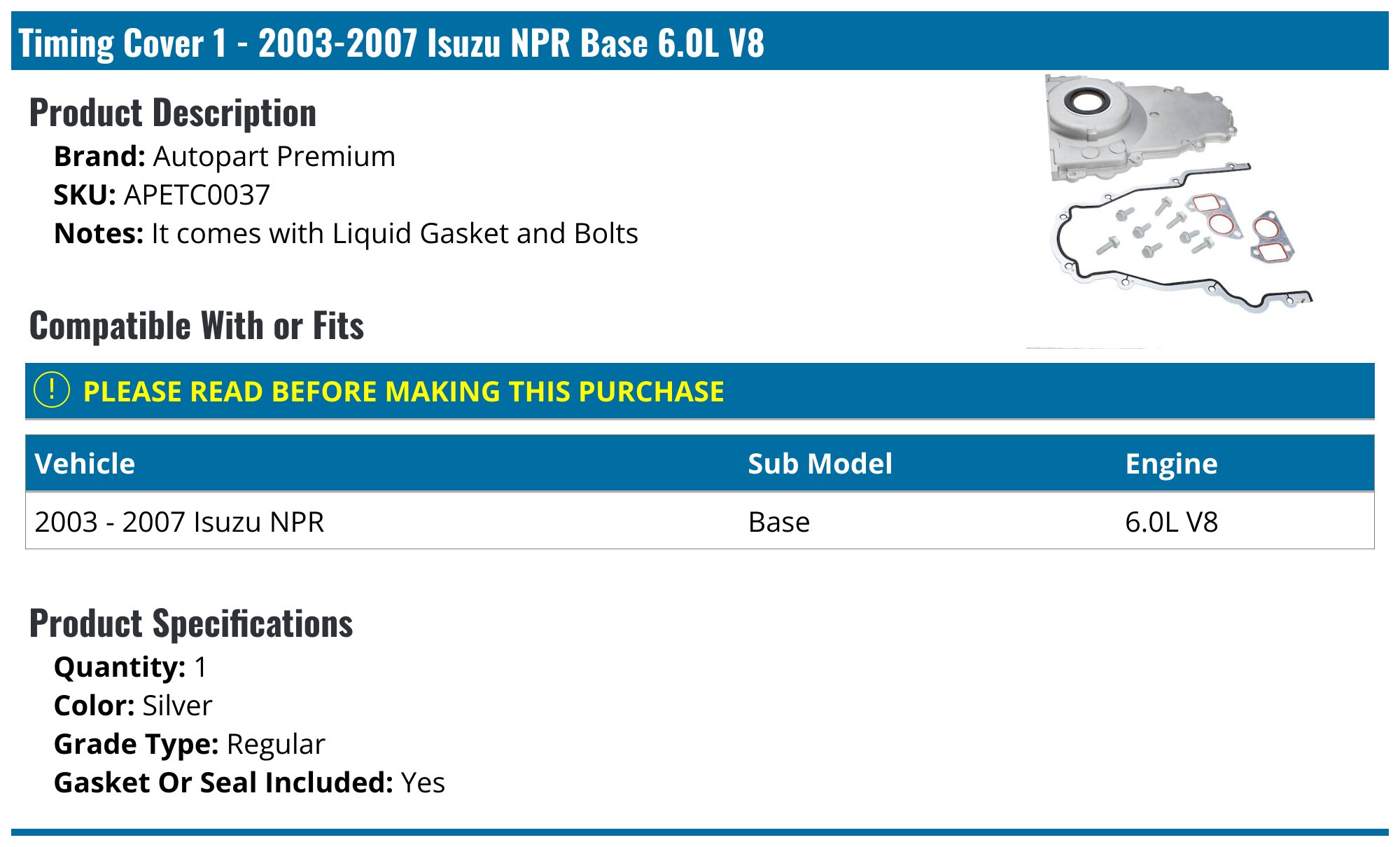 2003-2007 Isuzu NPR Timing Cover - Autopart Premium APETC0037 ...