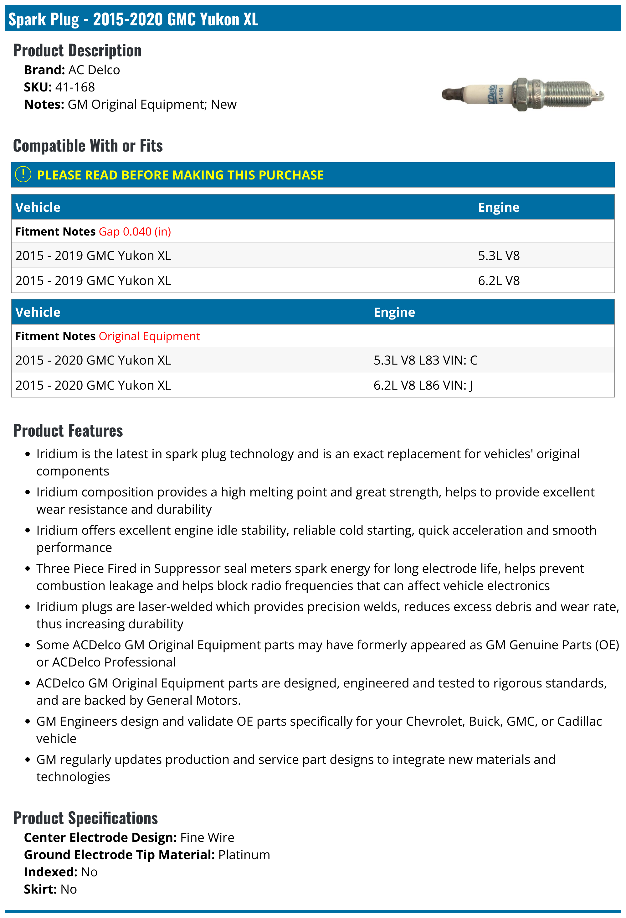 2015-2023 GMC Yukon XL Spark Plug - AC Delco 41-168 - PartsGeek.com