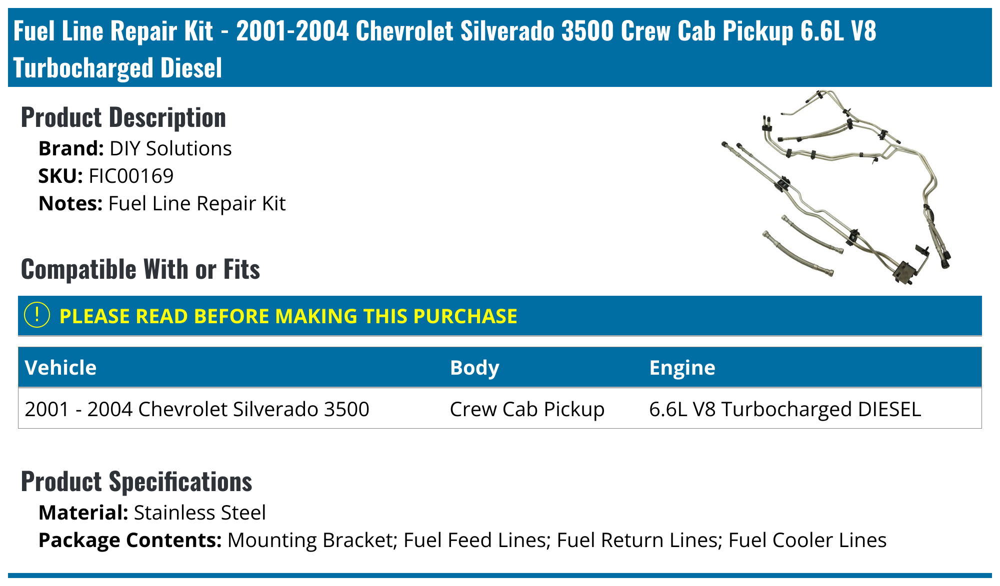 2001-2004 Chevrolet Silverado 3500 Fuel Line Repair Kit - DIY Solutions ...