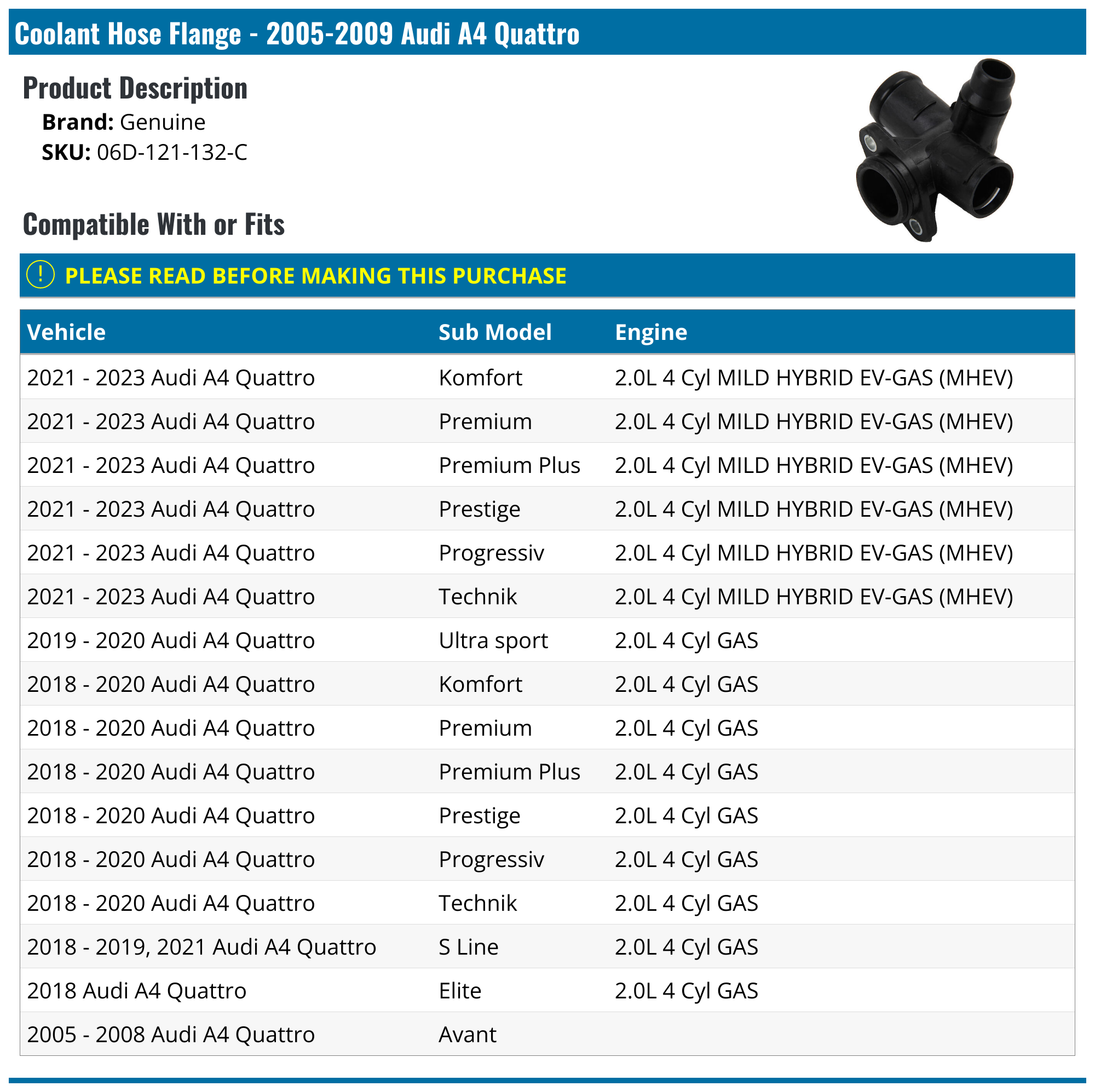2005-2008, 2018-2023 Audi A4 Quattro Coolant Hose Flange - Genuine 06D ...