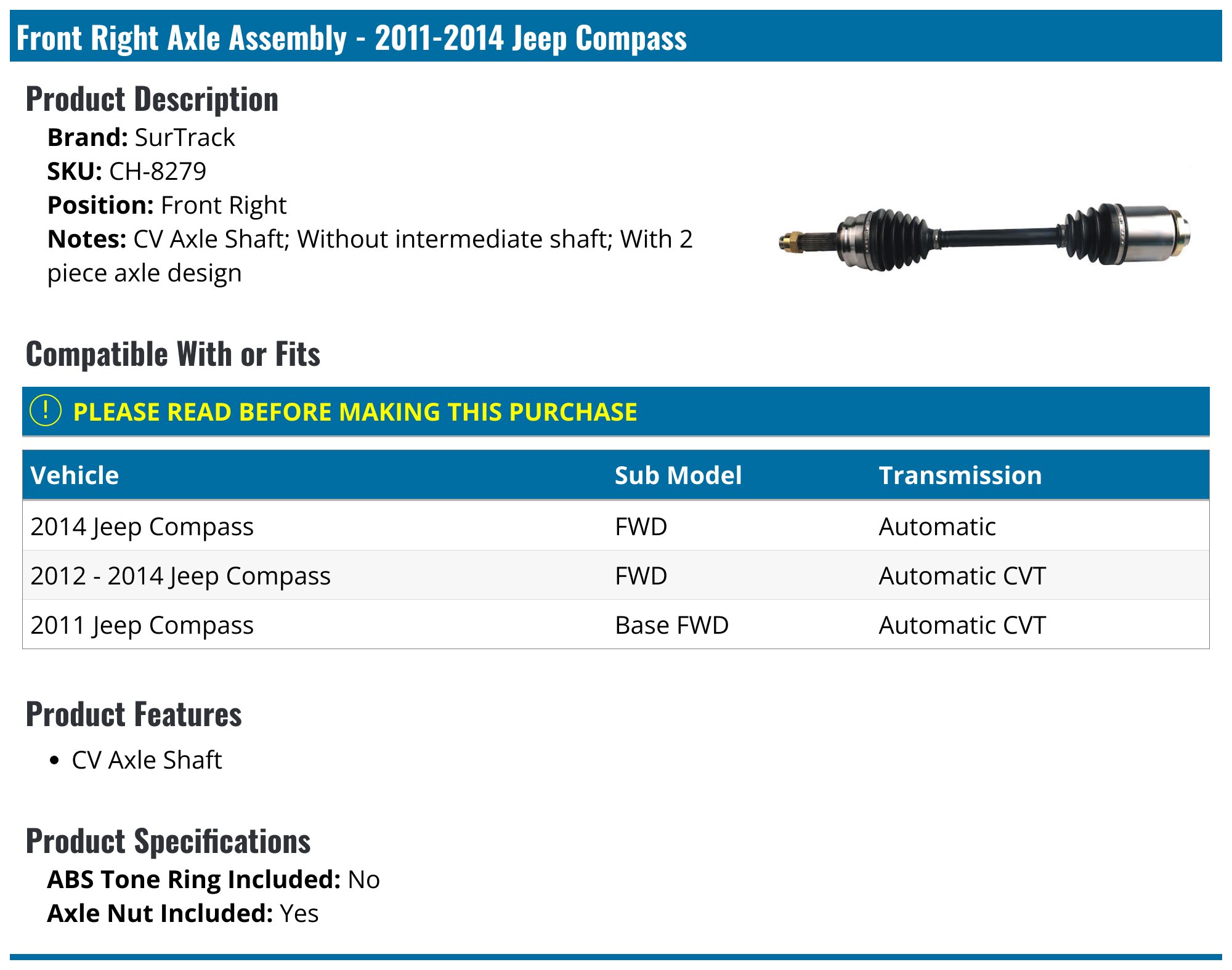 2011-2014 Jeep Compass Axle Assembly - SurTrack CH-8279 - Front Right ...