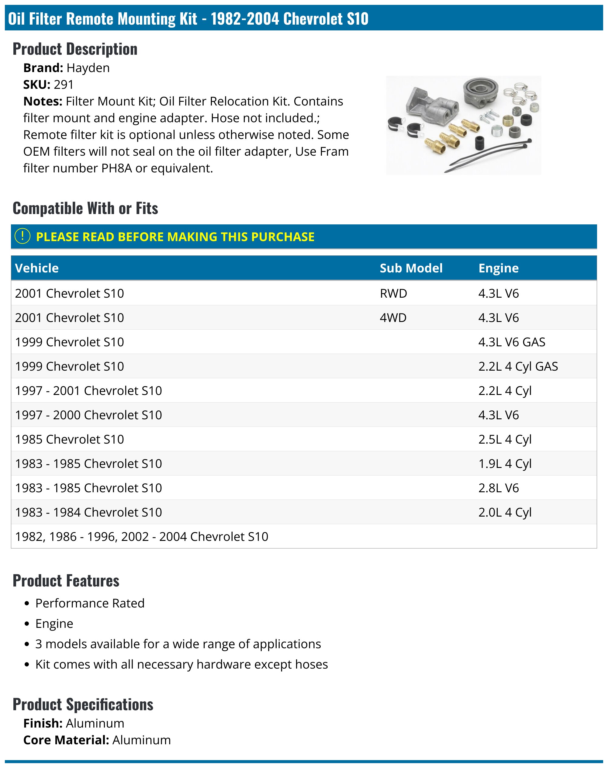 1982-2004 Chevrolet S10 Oil Filter Remote Mounting Kit - Hayden 291 ...