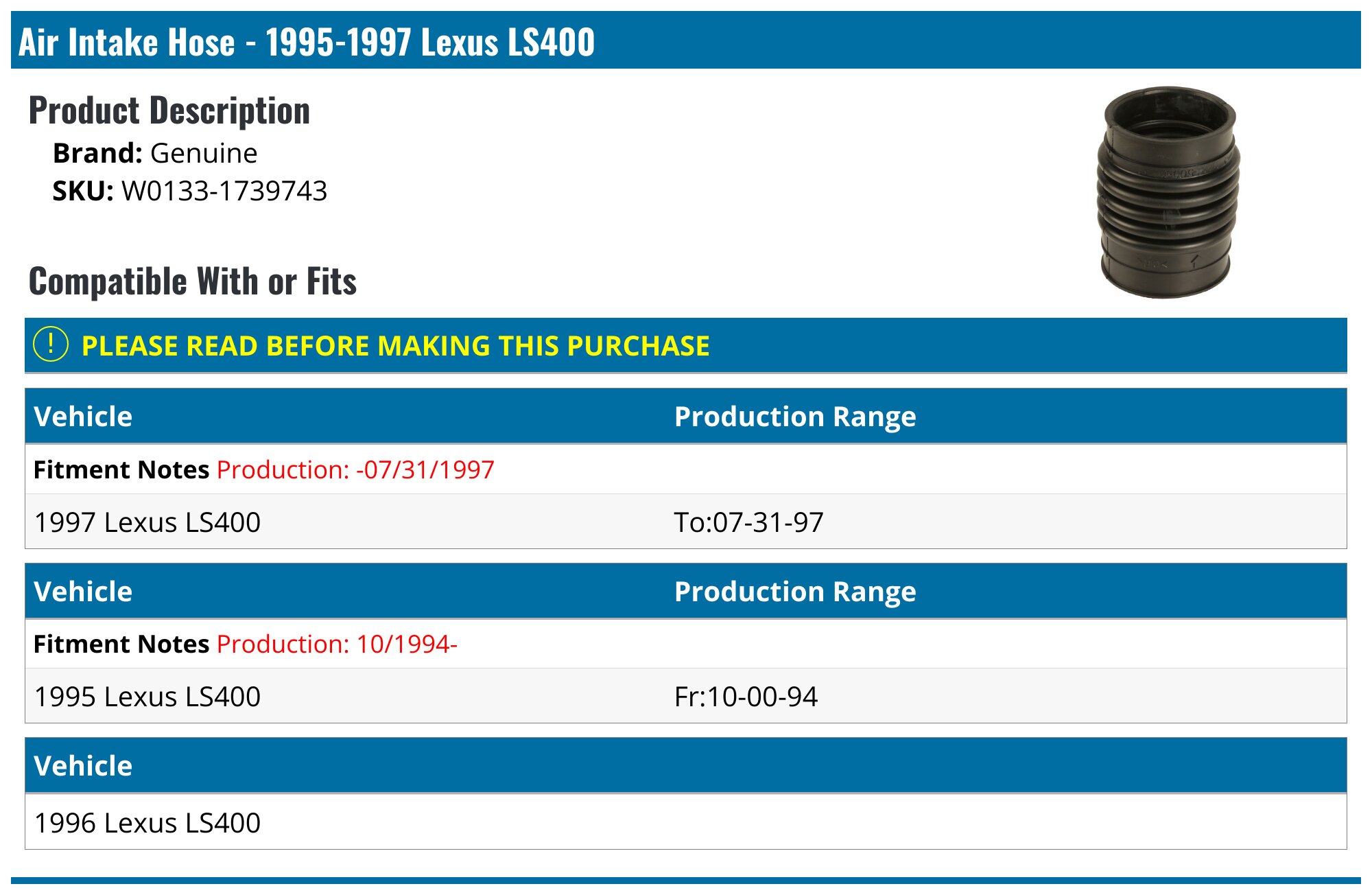 1995-1997 Lexus LS400 Air Intake Hose - Genuine W0133-1739743 ...