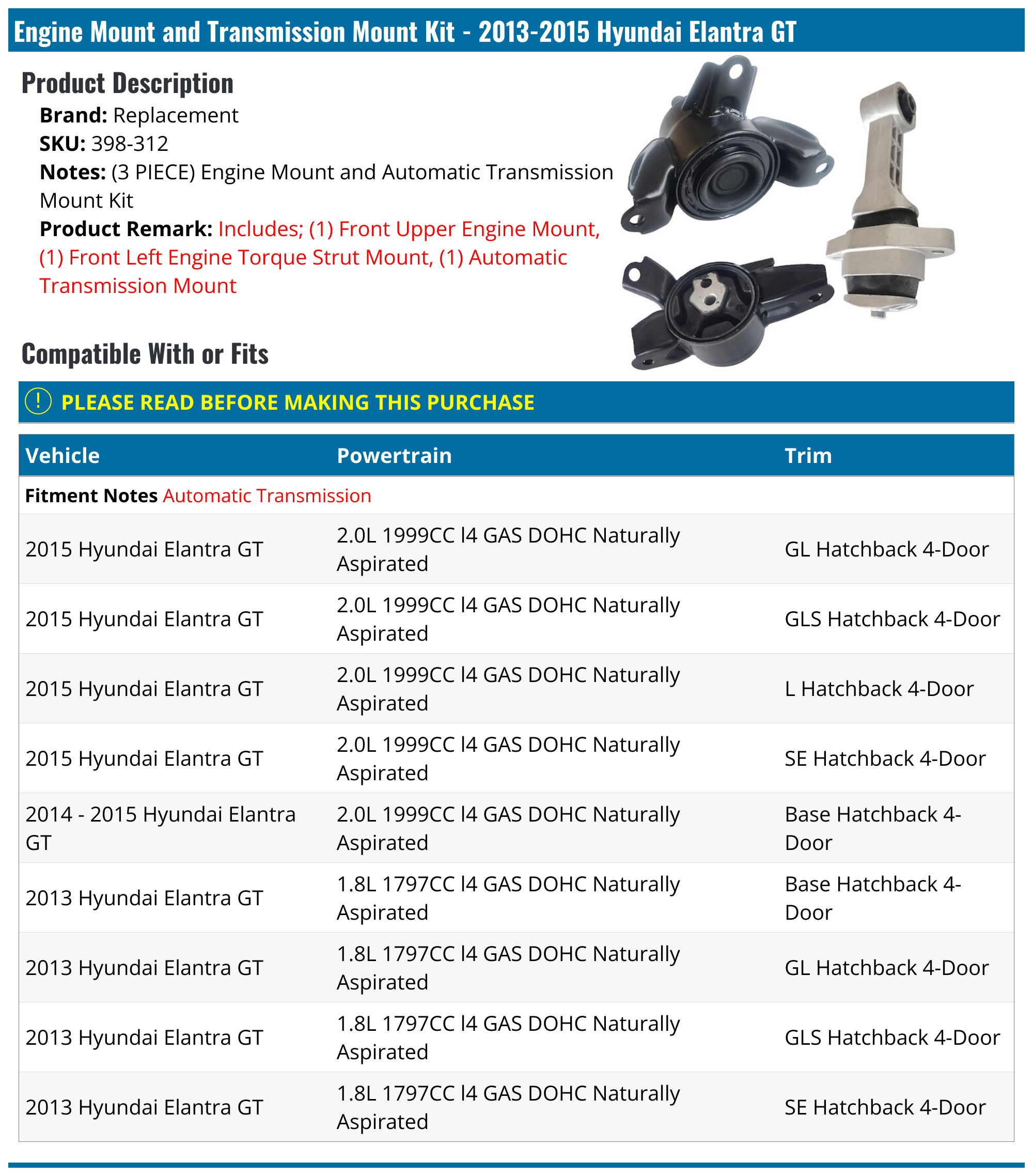 2013-2015 Hyundai Elantra GT Engine Mount - Replacement 398-312 ...