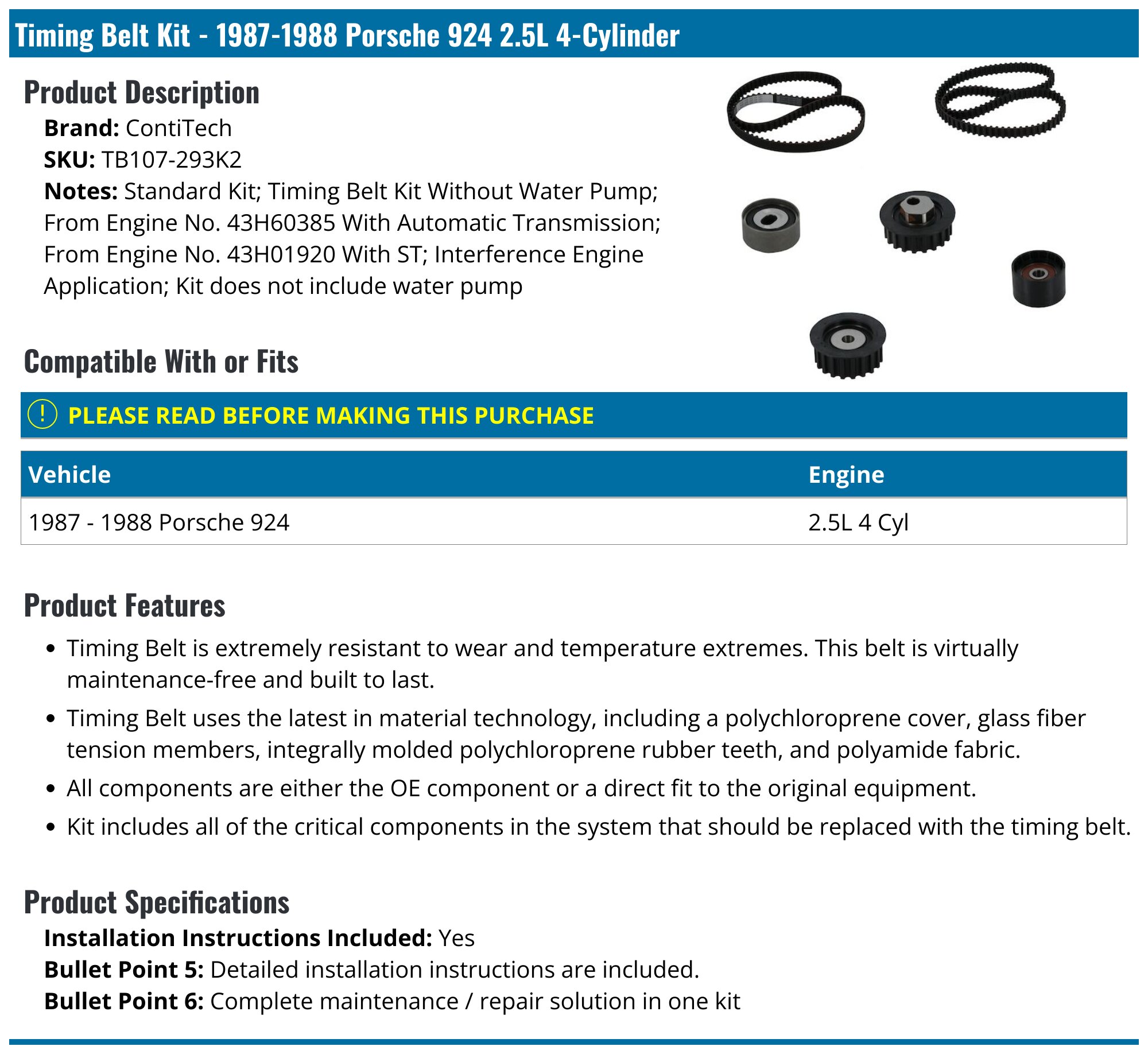 1987-1988 Porsche 924 Timing Belt - ContiTech TB107-293K2 - PartsGeek.com