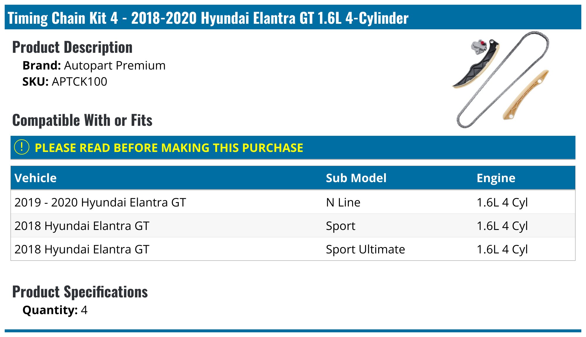 2018-2020 Hyundai Elantra GT Timing Chain - Autopart Premium APTCK100 ...